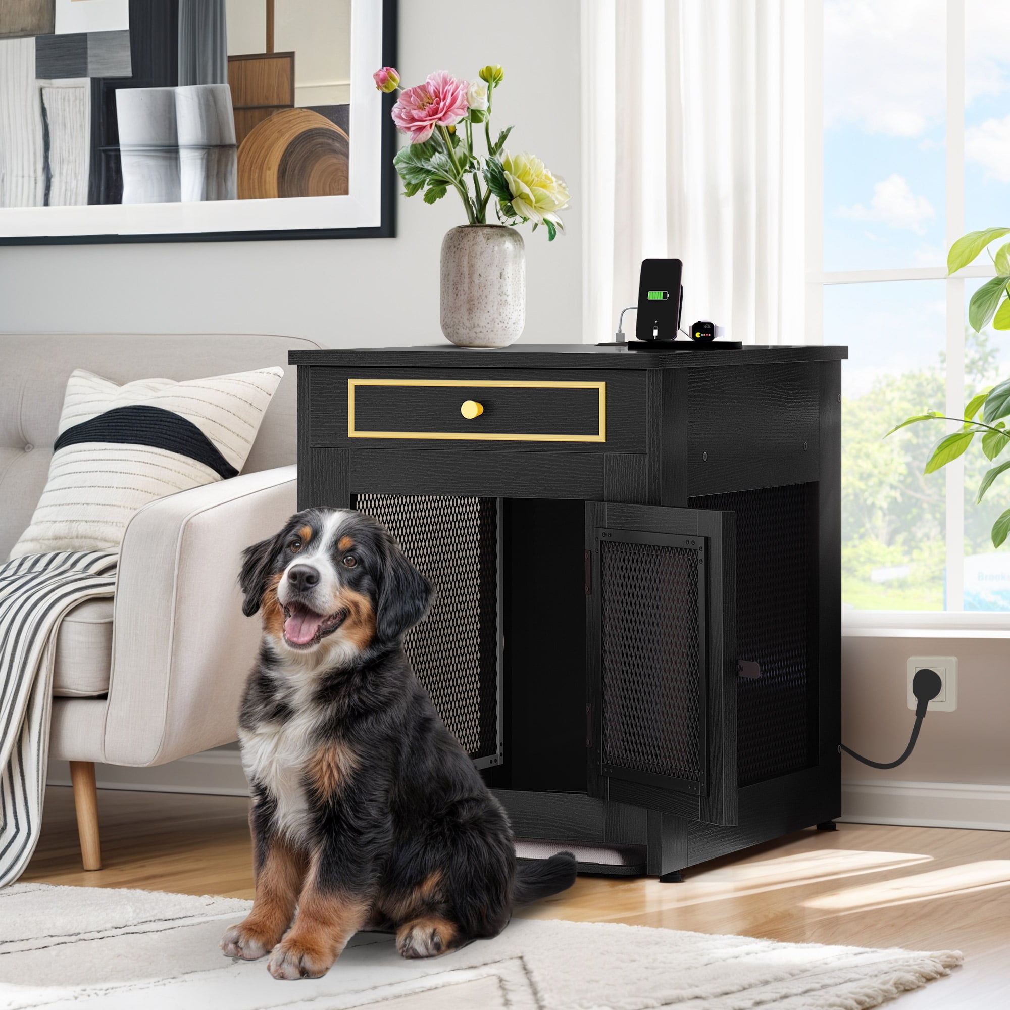 ModFusion Deluxe Black Pet Crate with Integrated Charging Station and ...