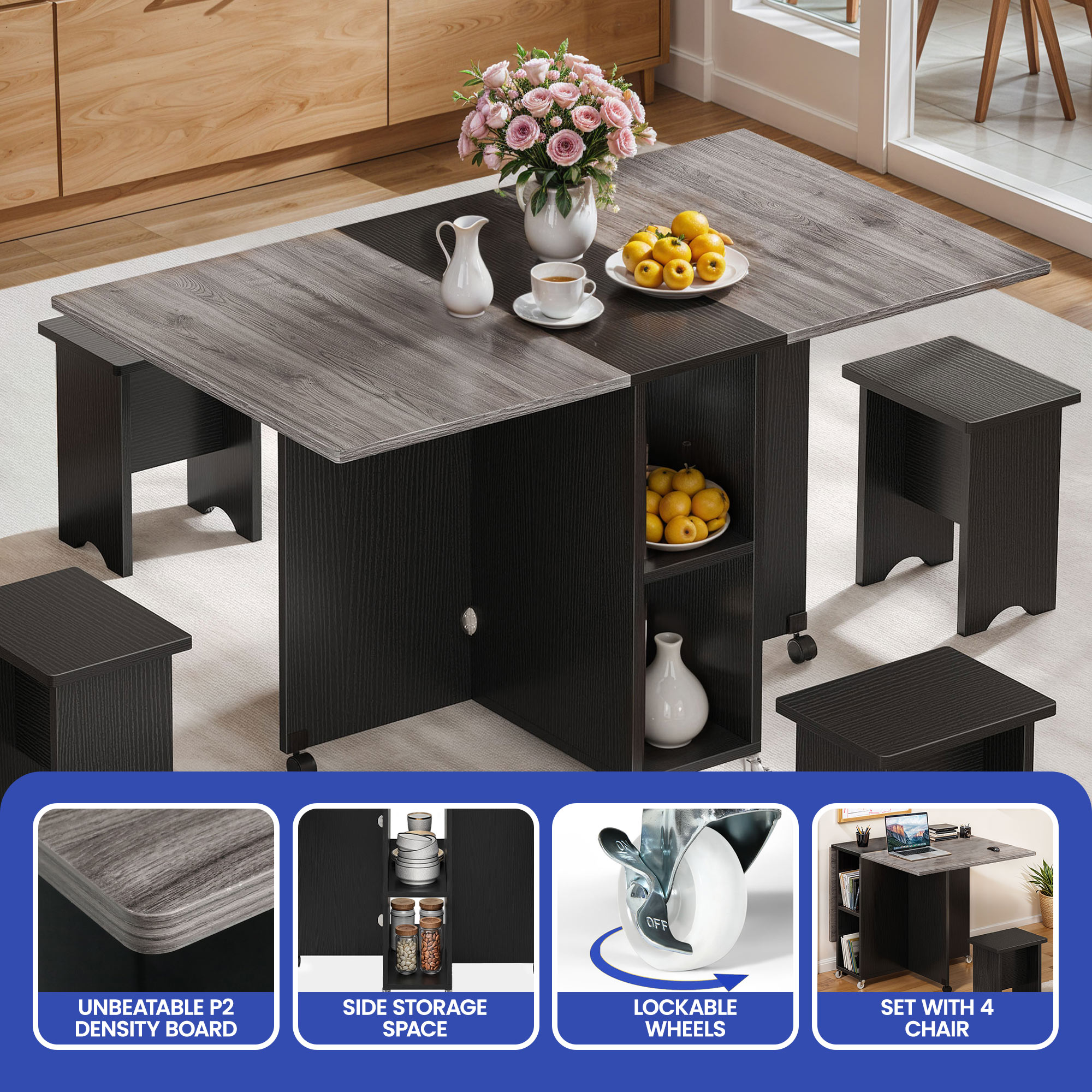 ModFusion Dining Table Set, 3in1 Forms Foldable Table, 5 Pieces, 4 ...