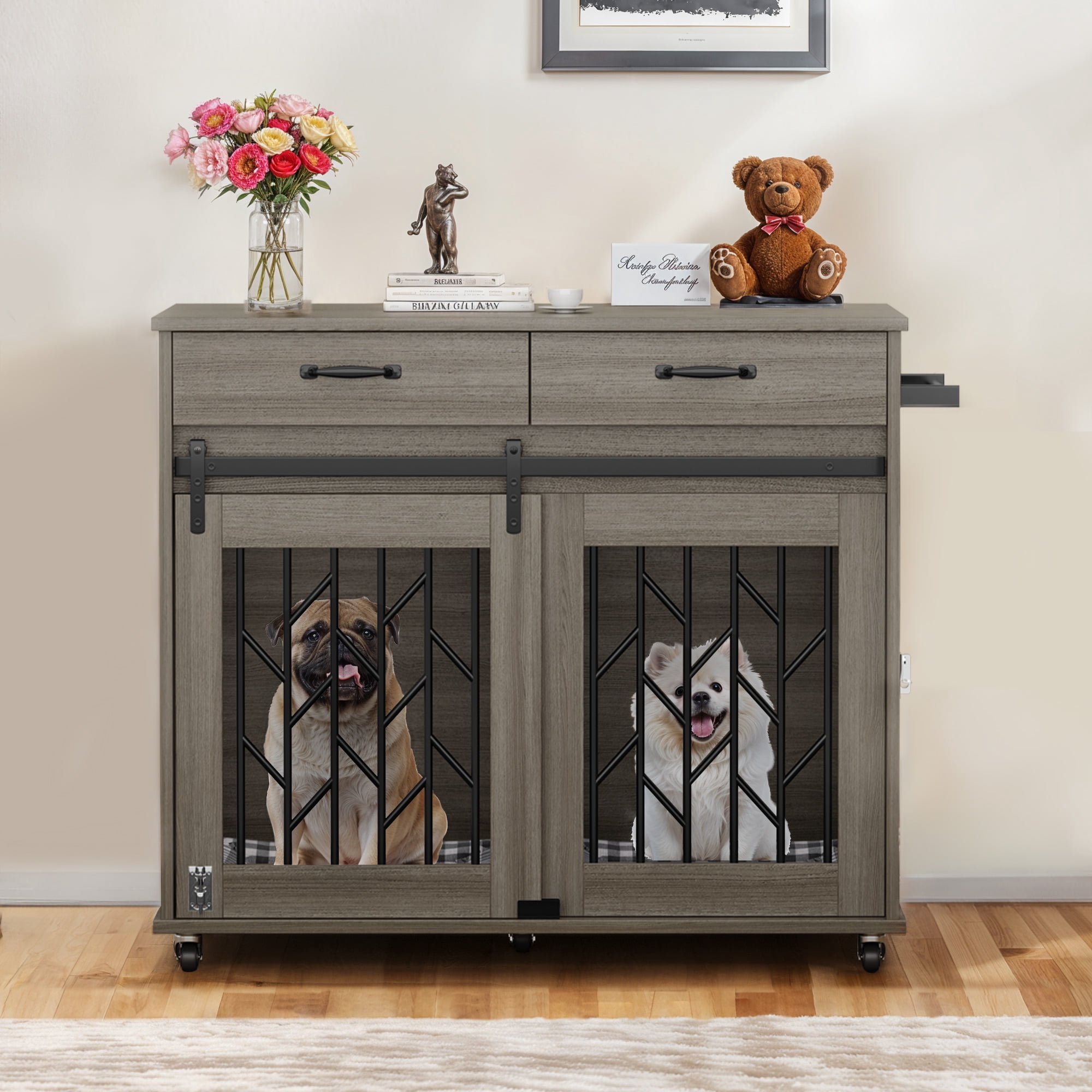 ModFusion Elegant Double-Door Dog Crate with Storage Drawers - Grey ...