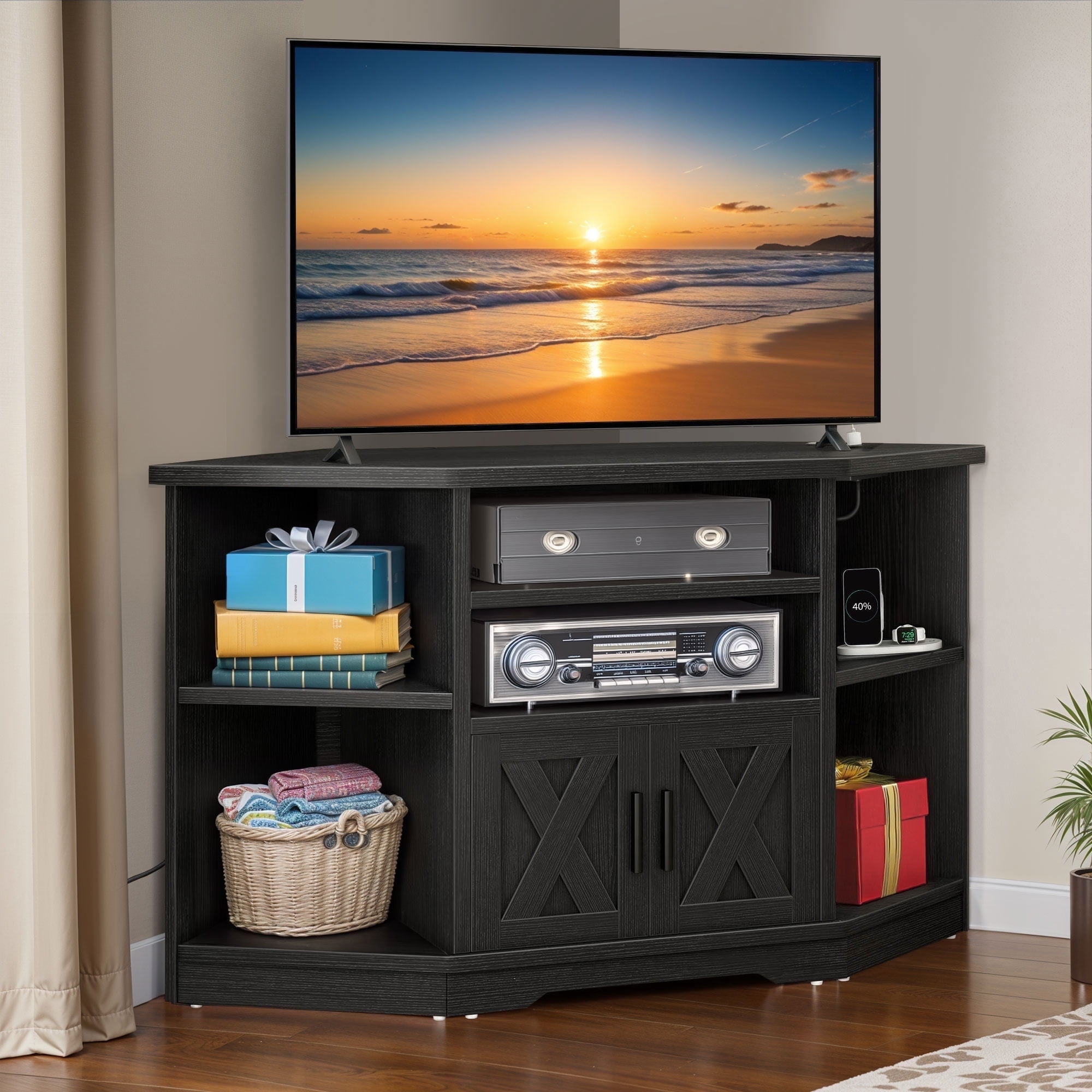 ModFusion Farmhouse Corner TV Stand, Black, Polished Finish, Holds up ...