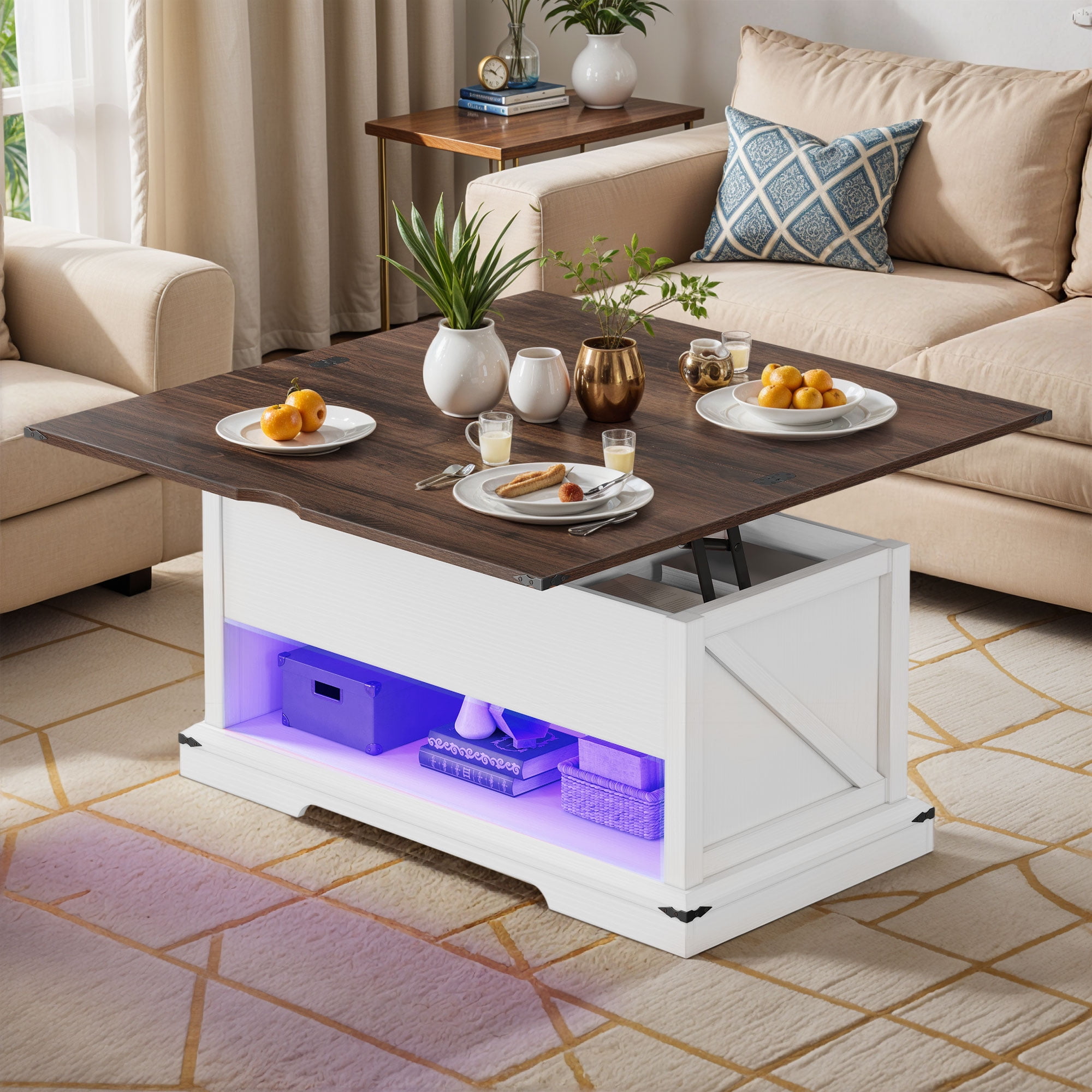 ModFusion Farmhouse Lift Top Coffee Table with LED, Brown and White 3 ...