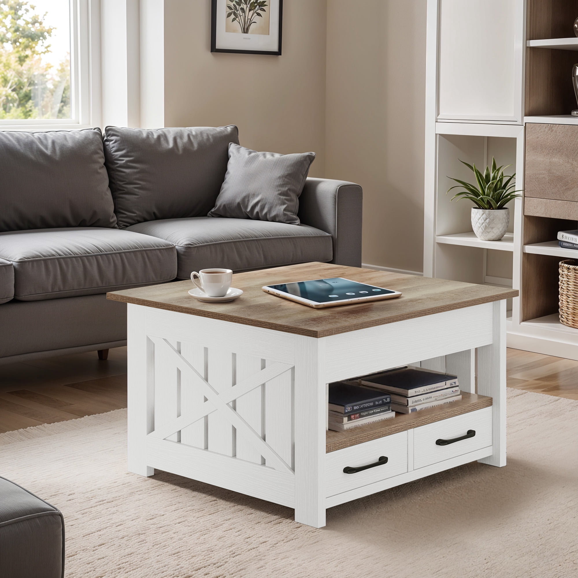 ModFusion Farmhouse Square Lift-Top Coffee Table with Storage & Hidden ...