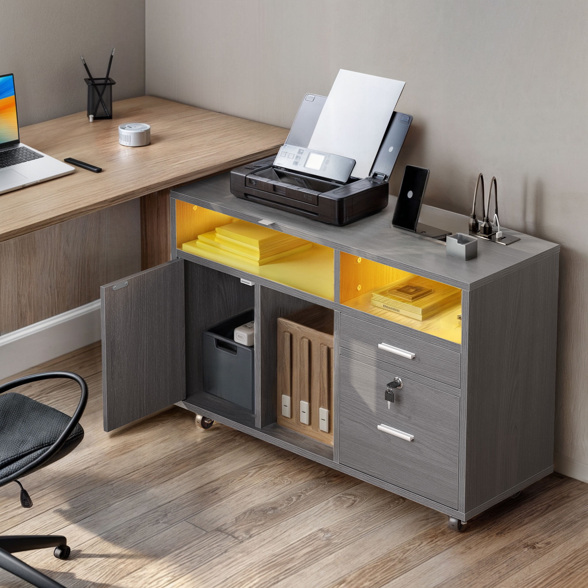 ModFusion Filing Cabinet with LED Light, Power Outlet, 2 Drawers, Open ...