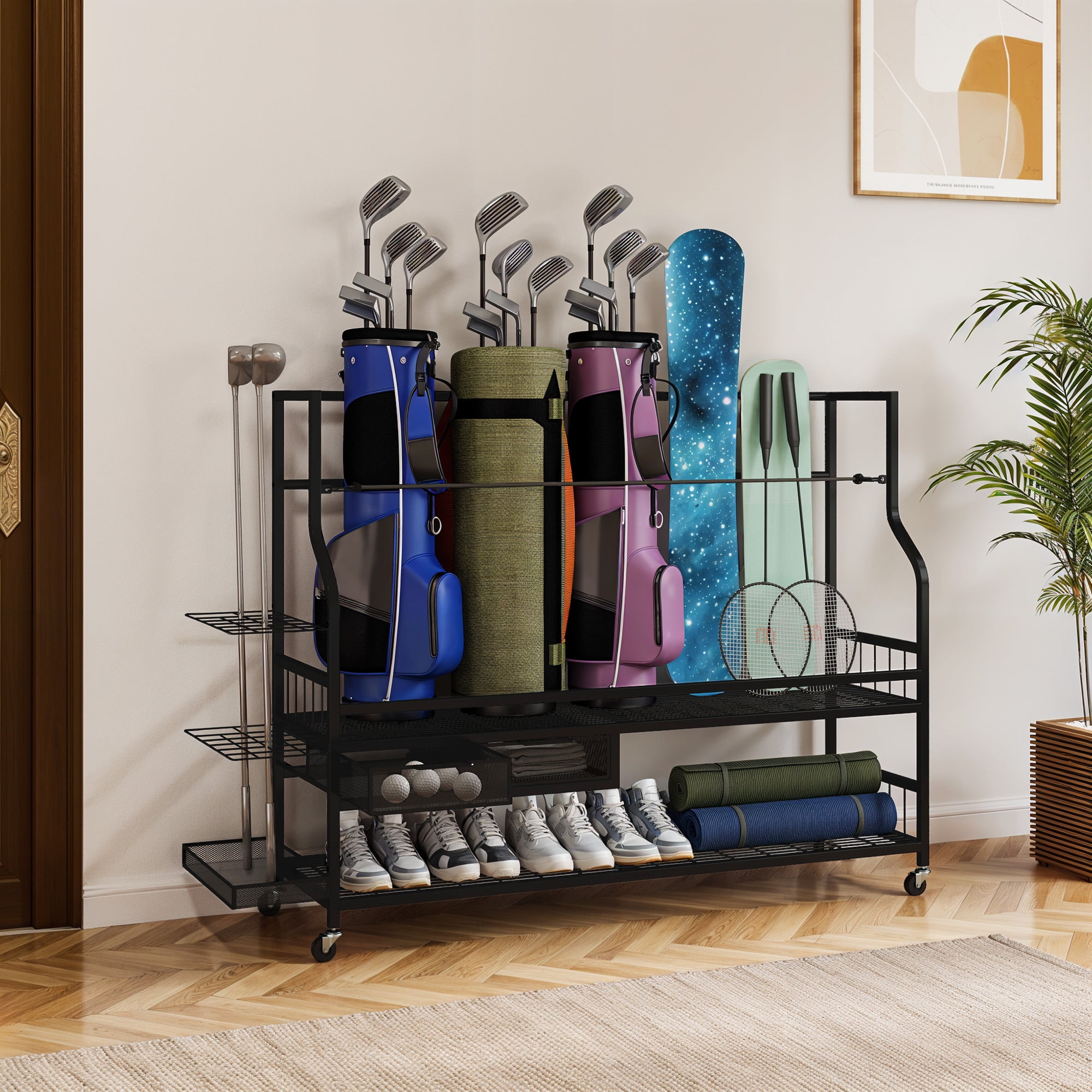 ModFusion Golf Bag Storage Rack with Wheels, Freestanding Organizer for ...