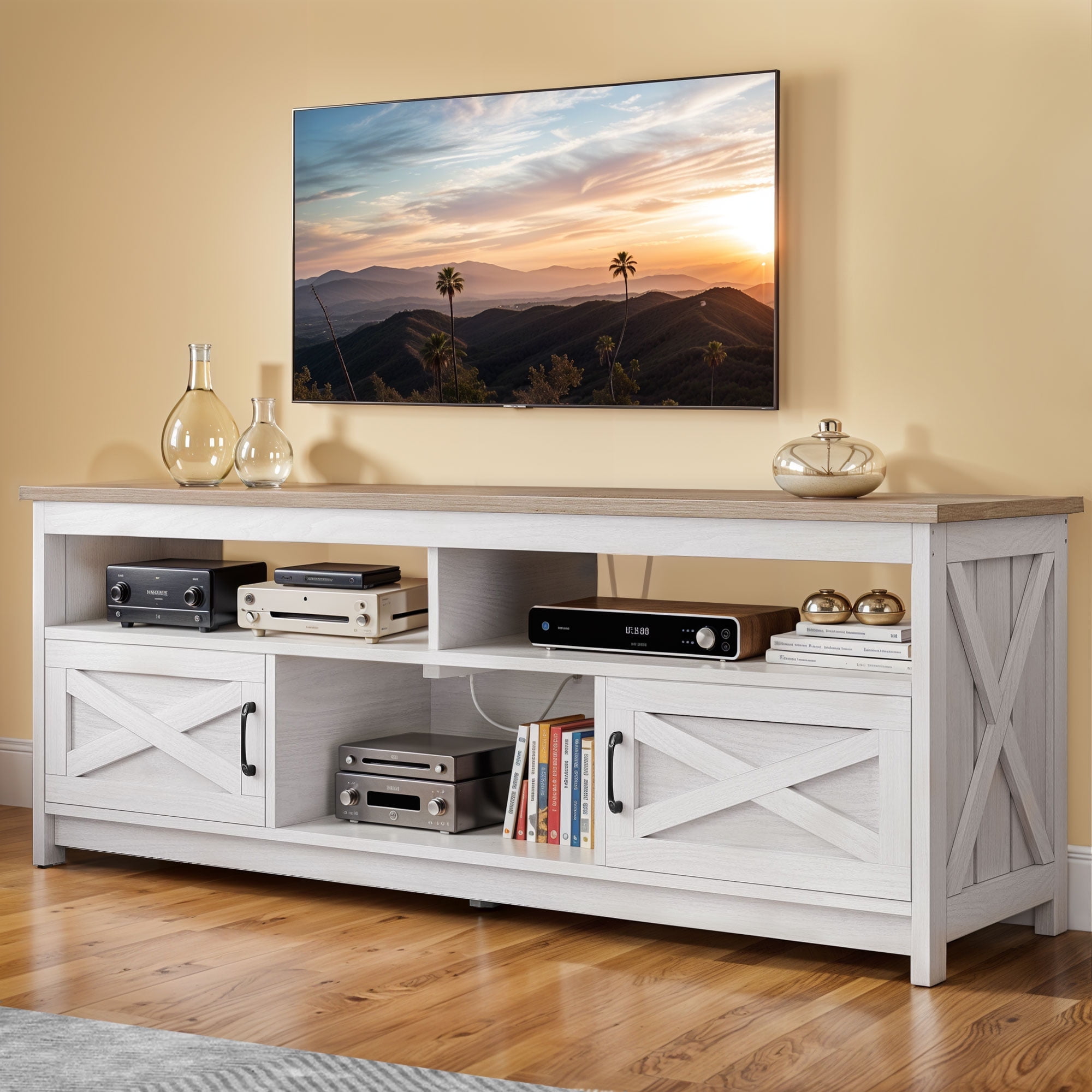 ModFusion Gray White TV Stand, 75" Max, 3 Shelves, Magnetic Doors ...