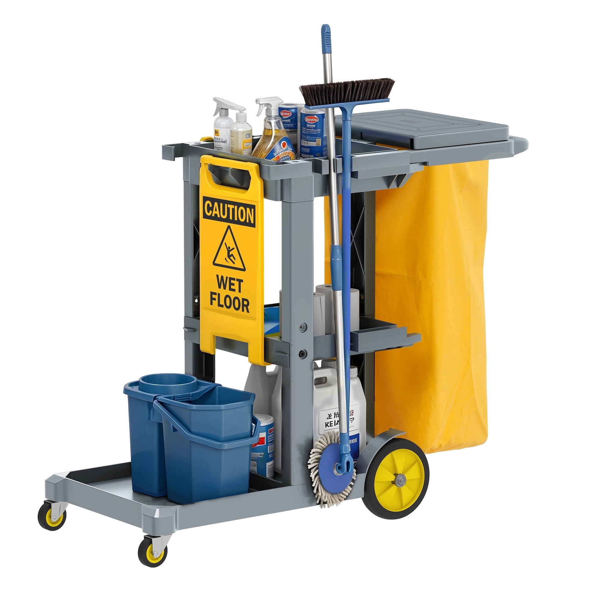 Heavy-Duty Janitorial Cart with Multi-Tier Storage, 2 Garbage Bags ...