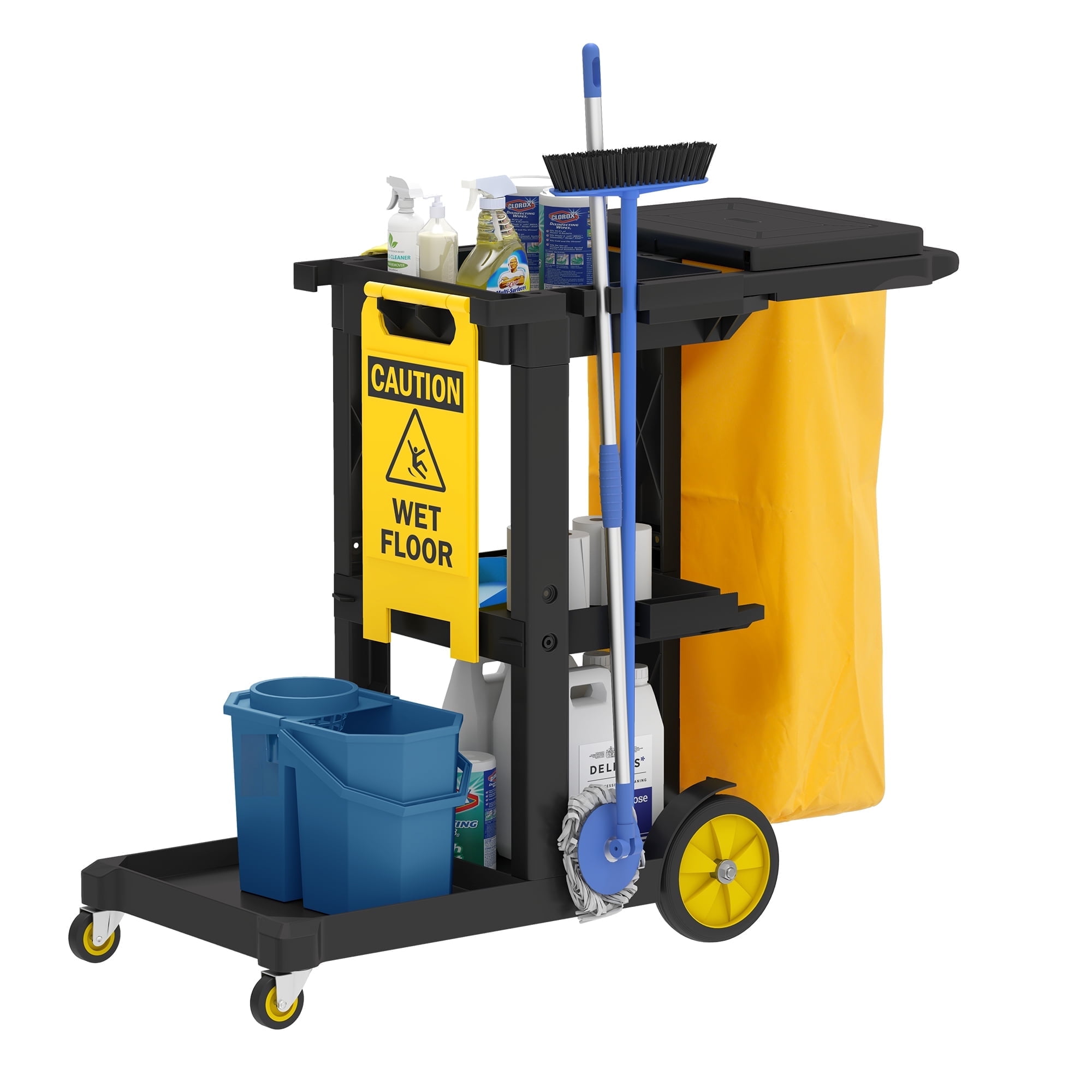 Heavy-Duty Janitorial Cart with Multi-Tier Storage, 2 Garbage Bags ...