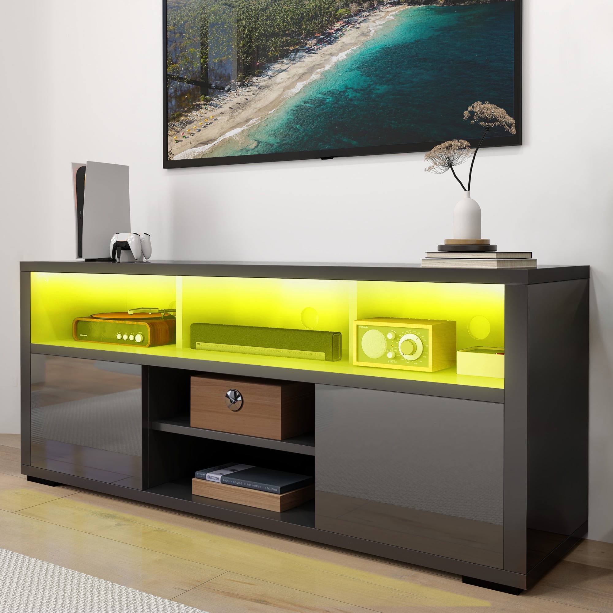 ModFusion High Gloss Black TV Stand, 55-Inch, with LED Lights ...