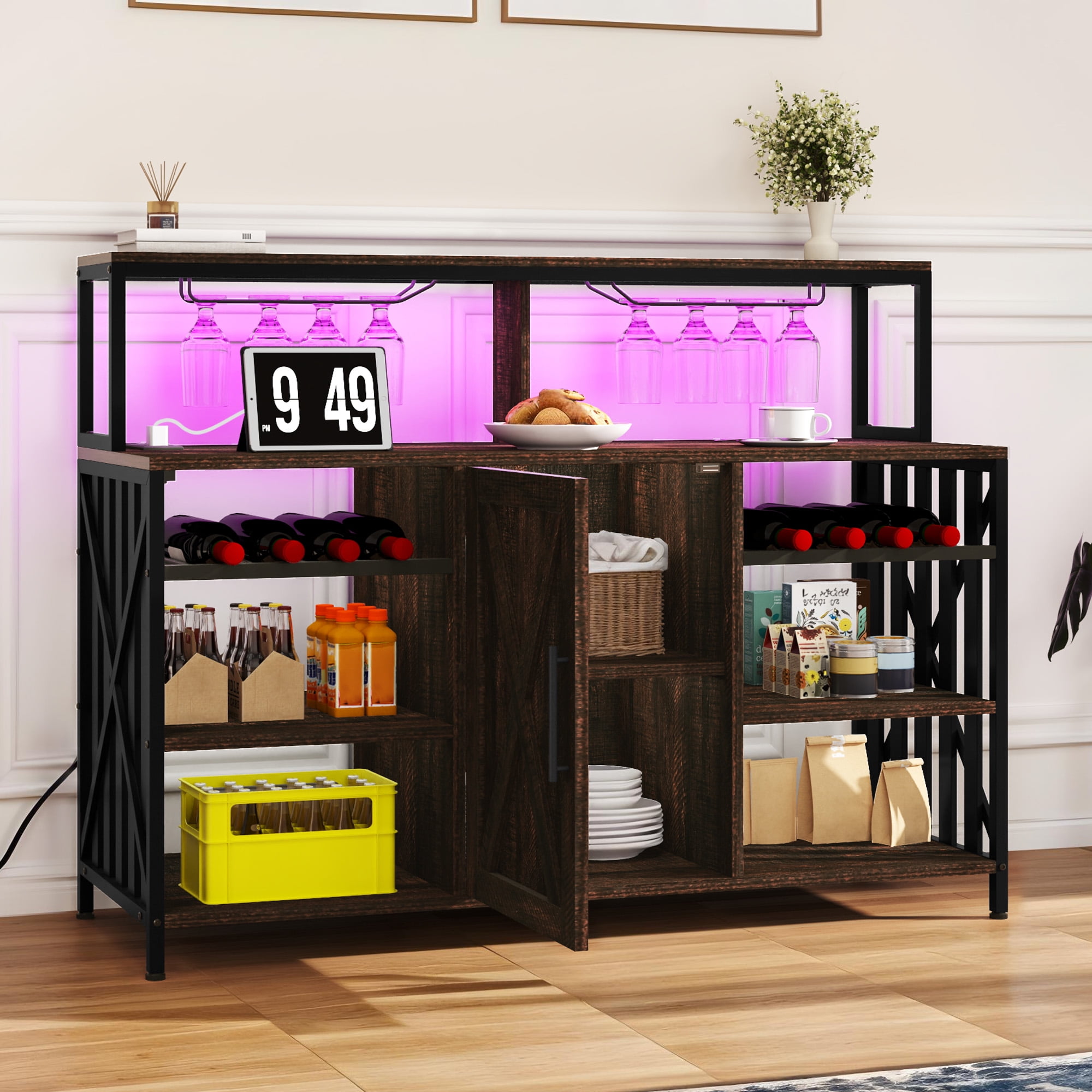 ModFusion Home Bar Cabinet with LED Lights, Charging Station, Glass Holder, Sturdy Rustic Brown ...