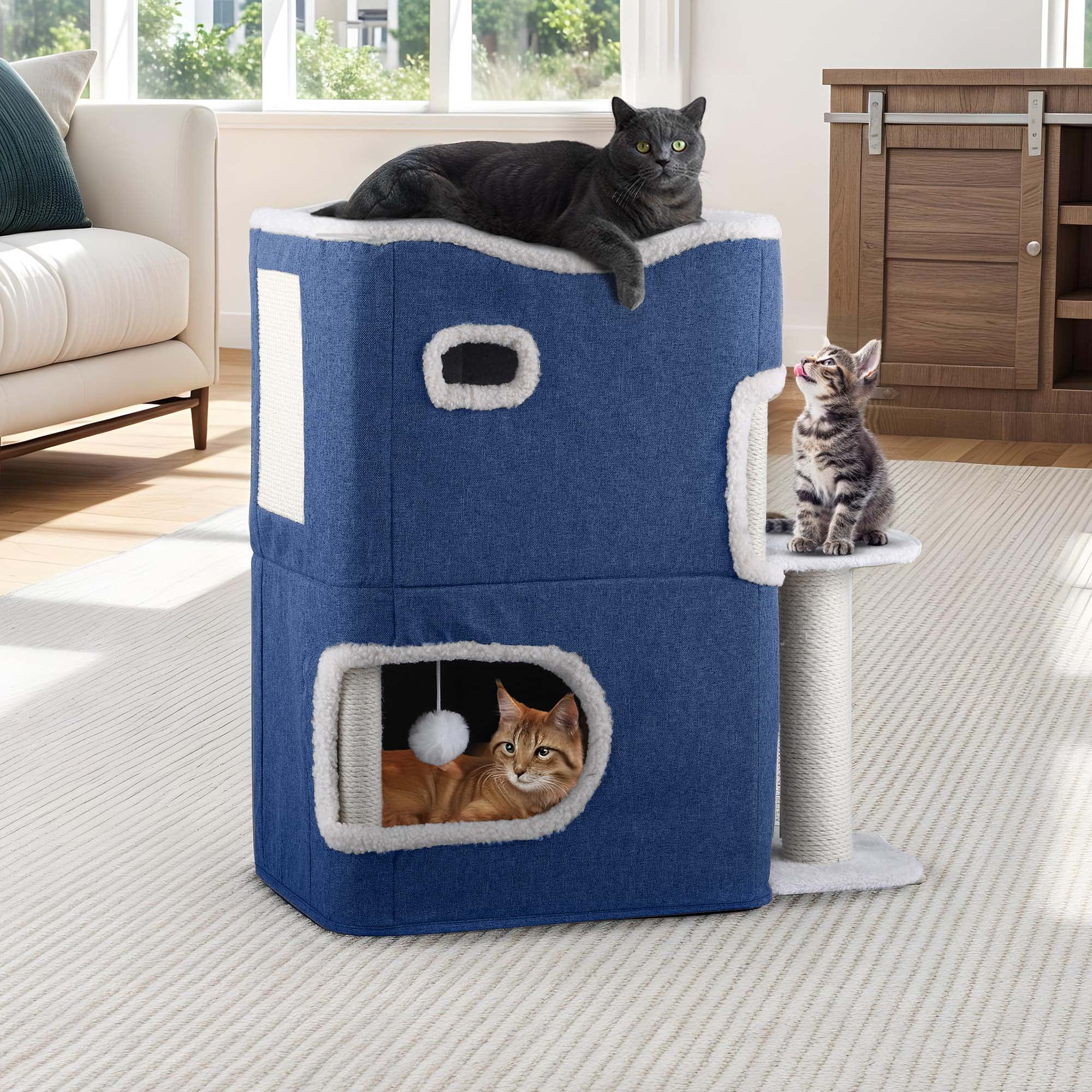 ModFusion Indoor 2-Tier Cat Condo with Scratching Pad, Hanging Ball ...