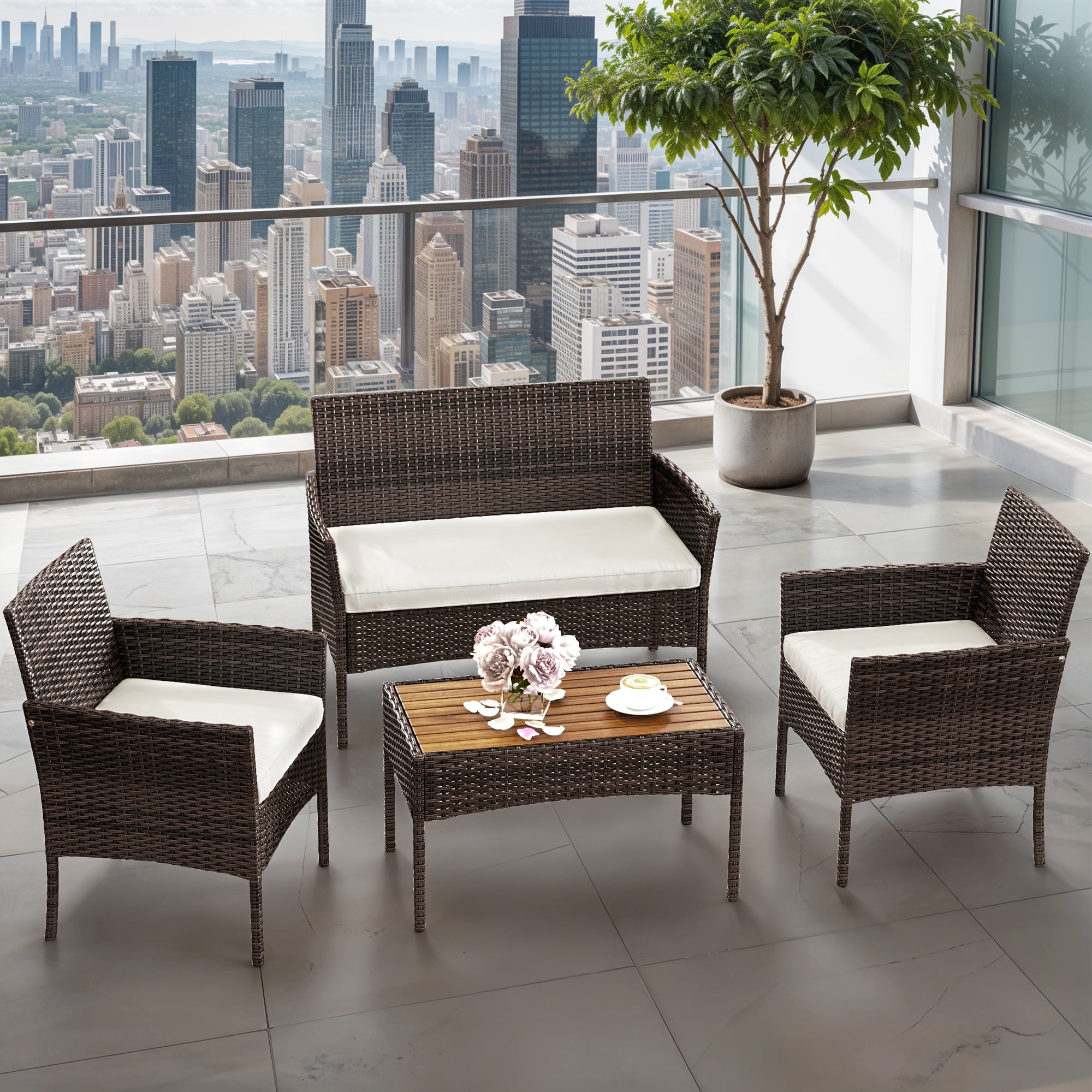 ModFusion Indoor Outdoor 4-Piece Patio Furniture Set, Brown Rattan ...