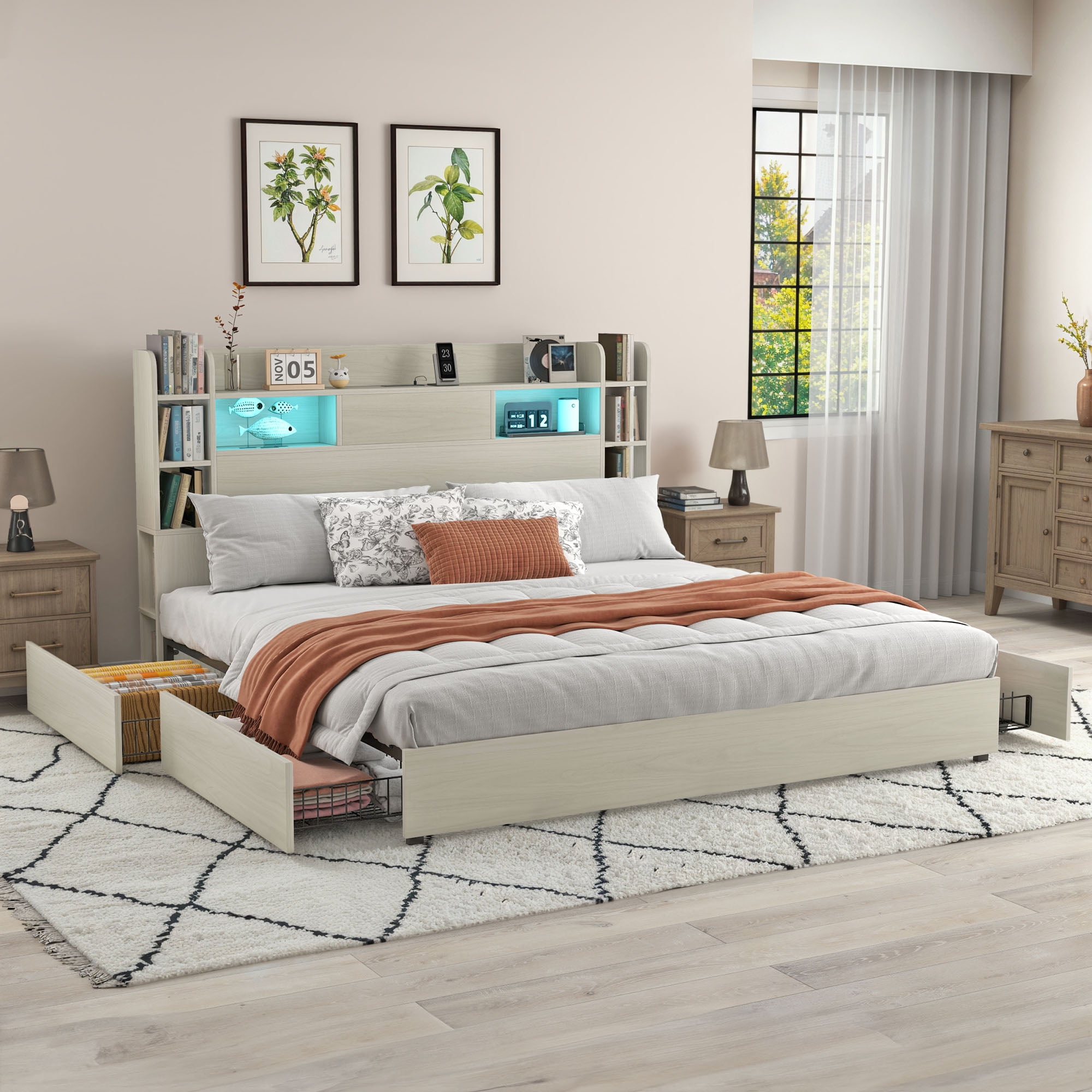 ModFusion King Size Bed Frame with Double-Layer Headboard Storage & 4 ...