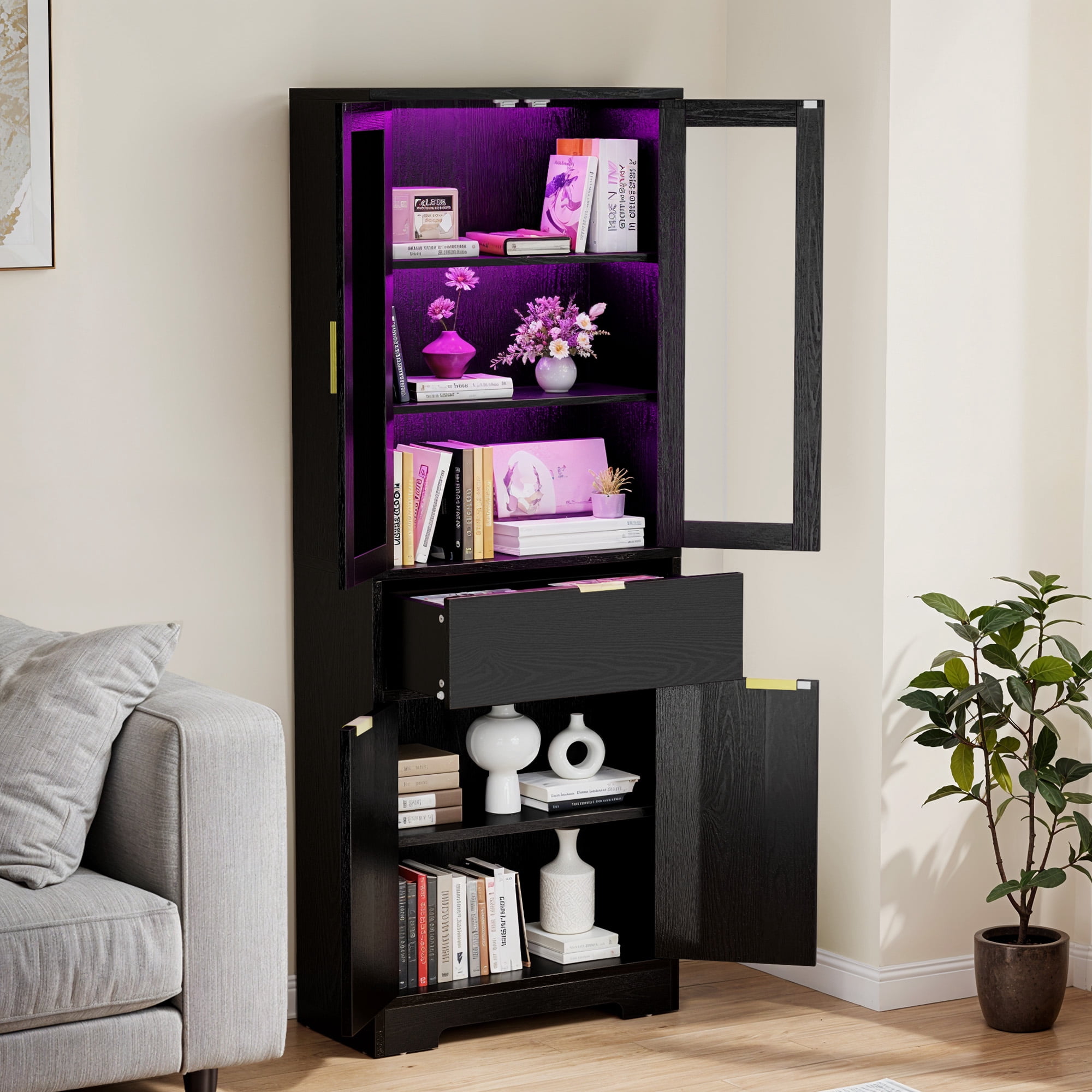 ModFusion LED Bookcase Cabinet with Glass Doors & Storage Drawers ...
