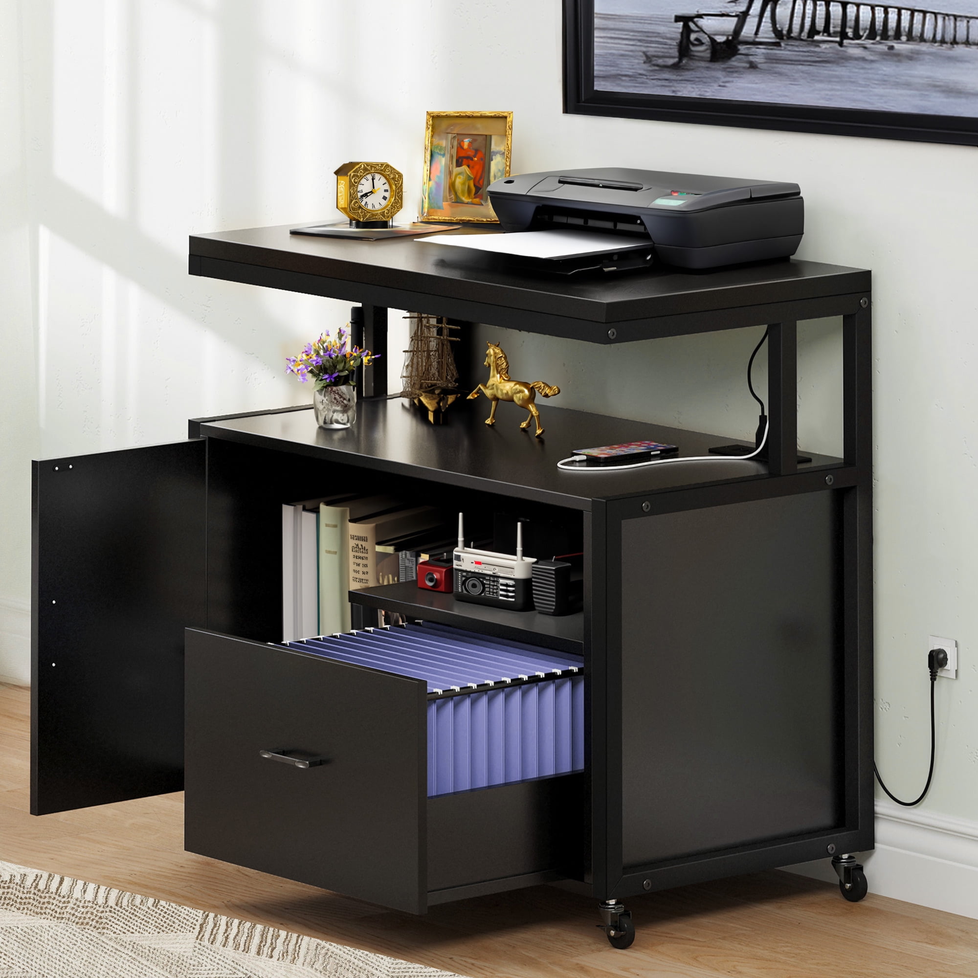 ModFusion Lateral File Wood Cabinet with Open Shelve and Charging ...