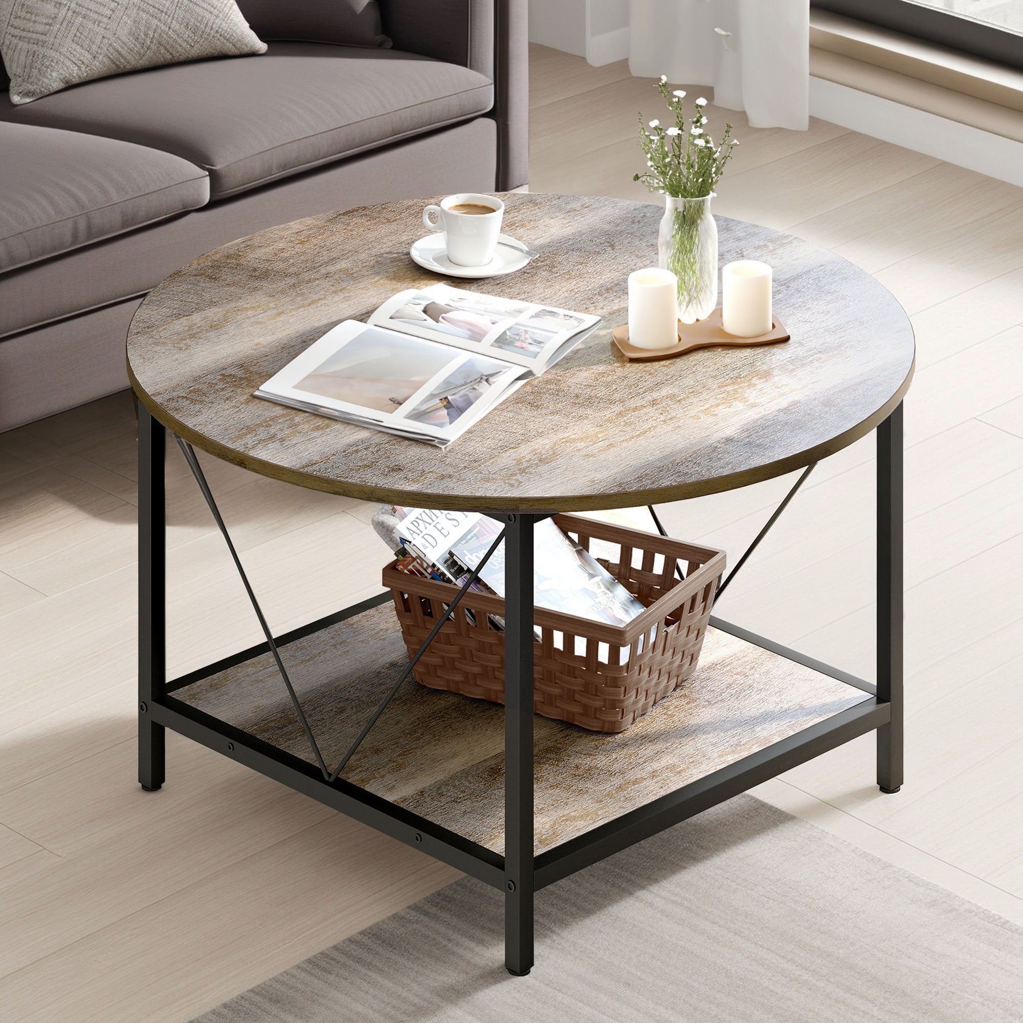 ModFusion Medium Oak Color Farmhouse Style Round Coffee Table with 2 ...