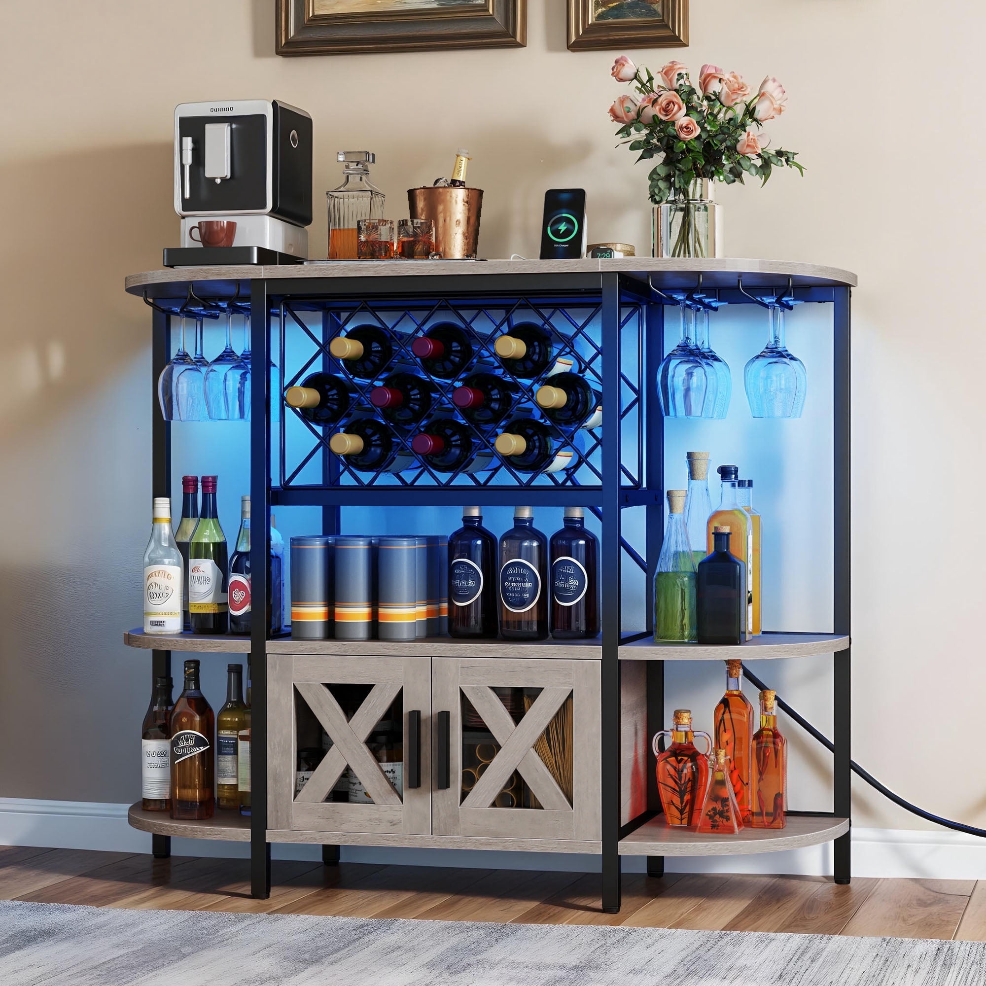 ModFusion Wine Bar Cabinet with Power Outlet, LED Lighting, Adjustable ...