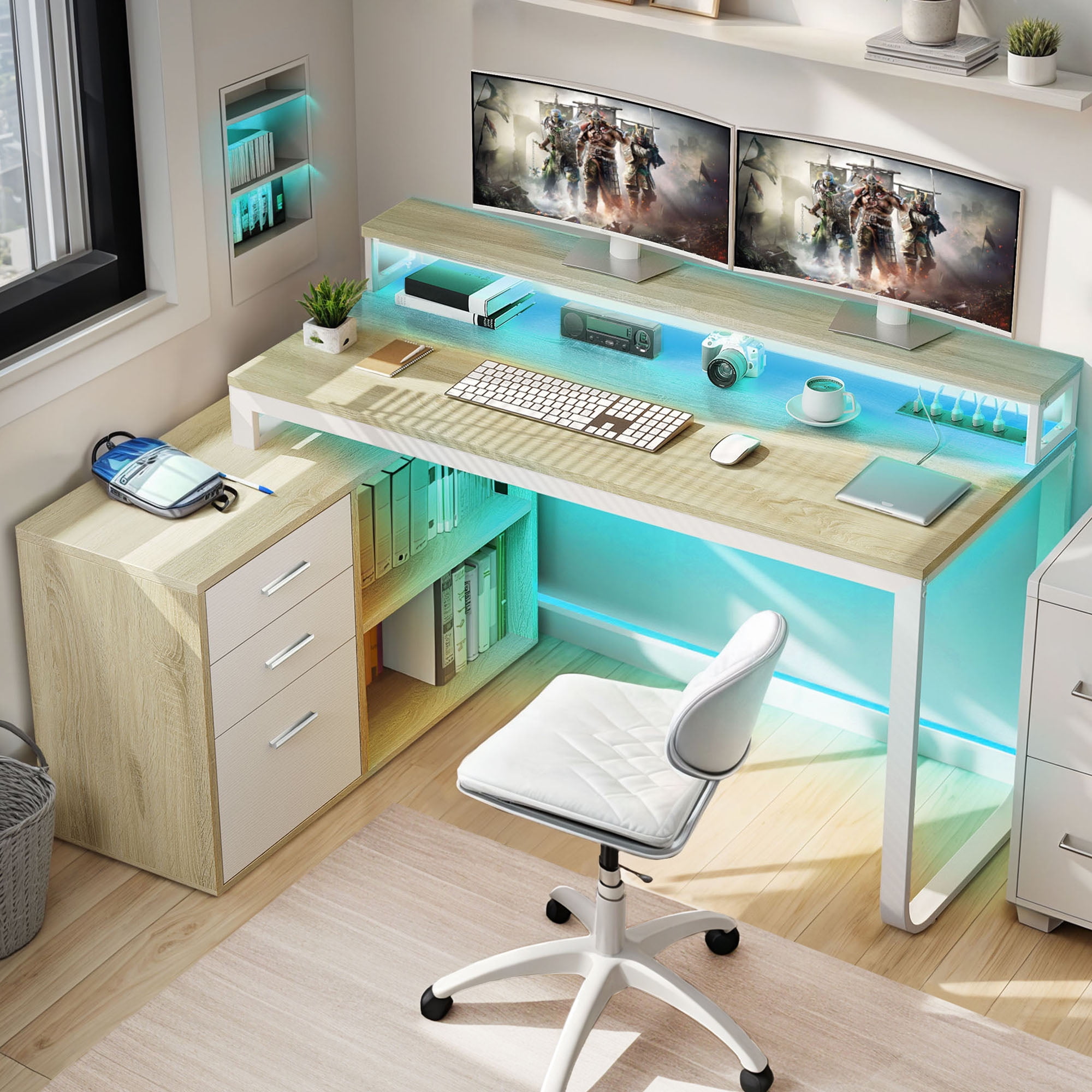 ModFusion Minimalist L-Shaped Home Office Desk with Power Outlets, LED ...