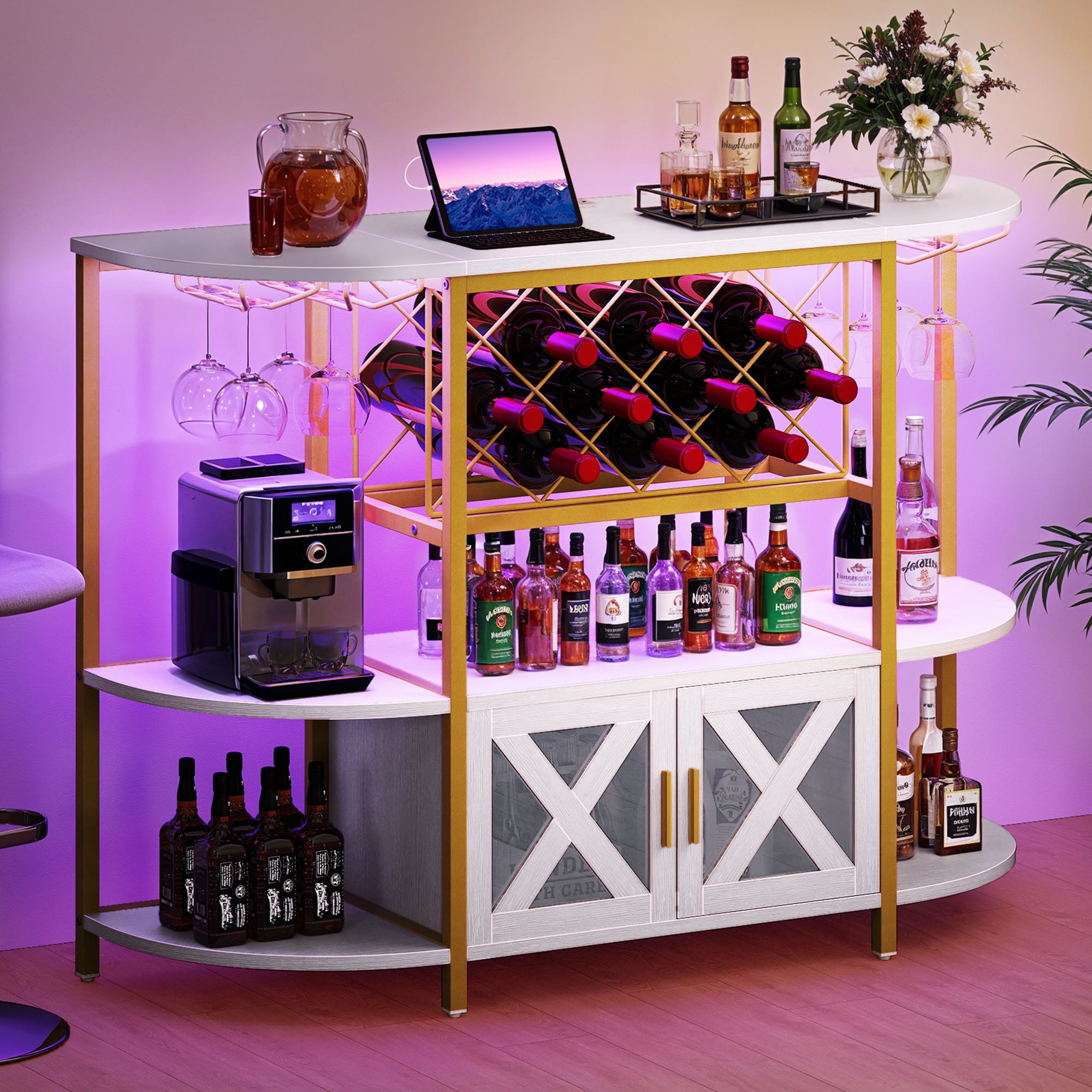 ModFusion 47.2" Bar Cabinet with USB Power Strip, Adjustable LED Light ...