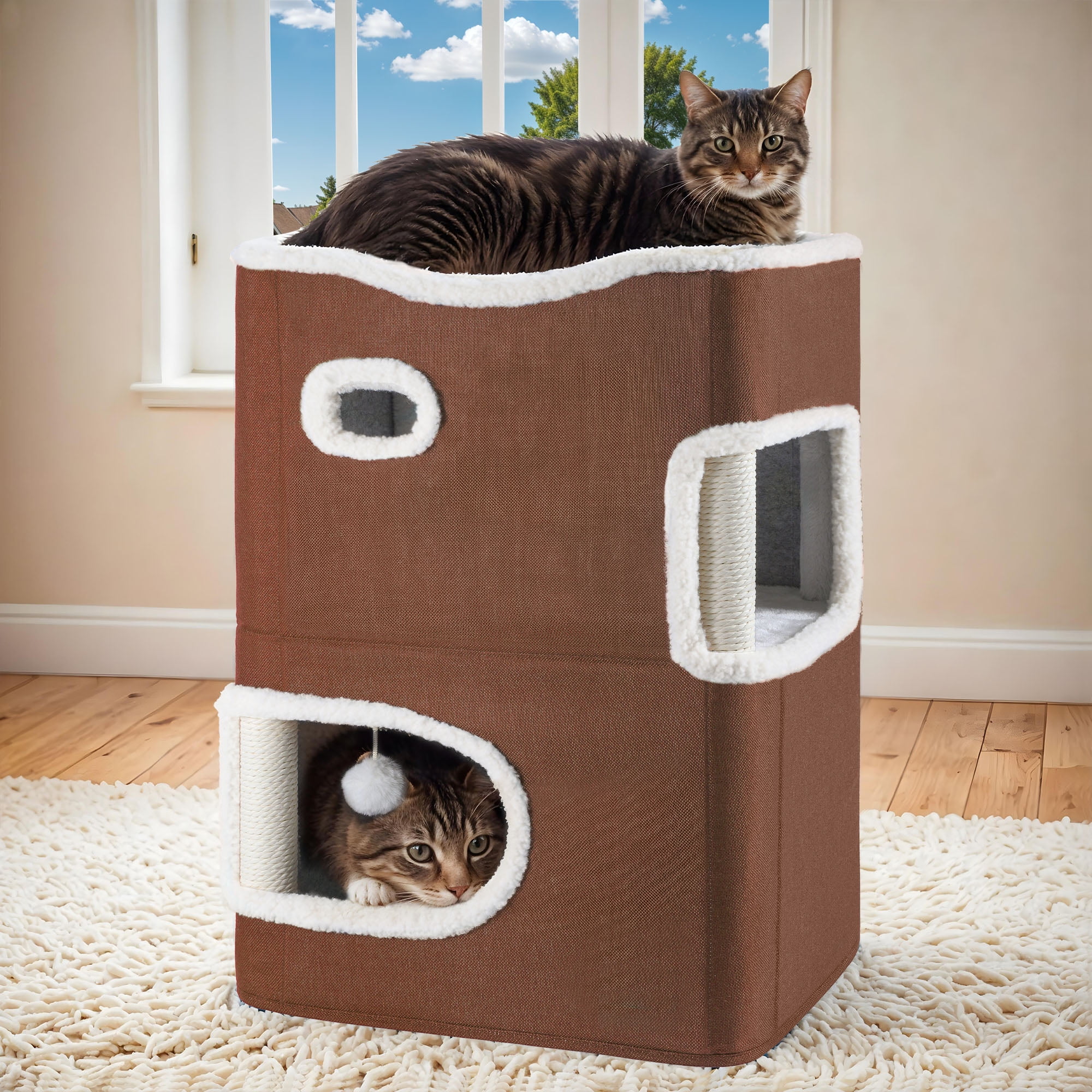 ModFusion Modern Cat Condo with Cushioned Top, Scratch Post, and Play ...
