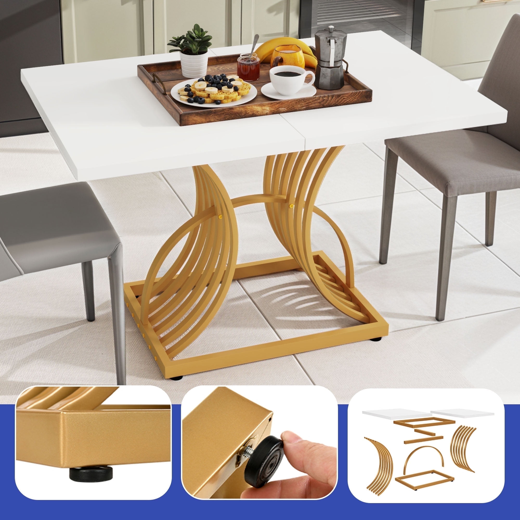 ModFusion Modern Dining Table for 4, Gold Geometric Legs, 2.6x3.9x2.4 ...