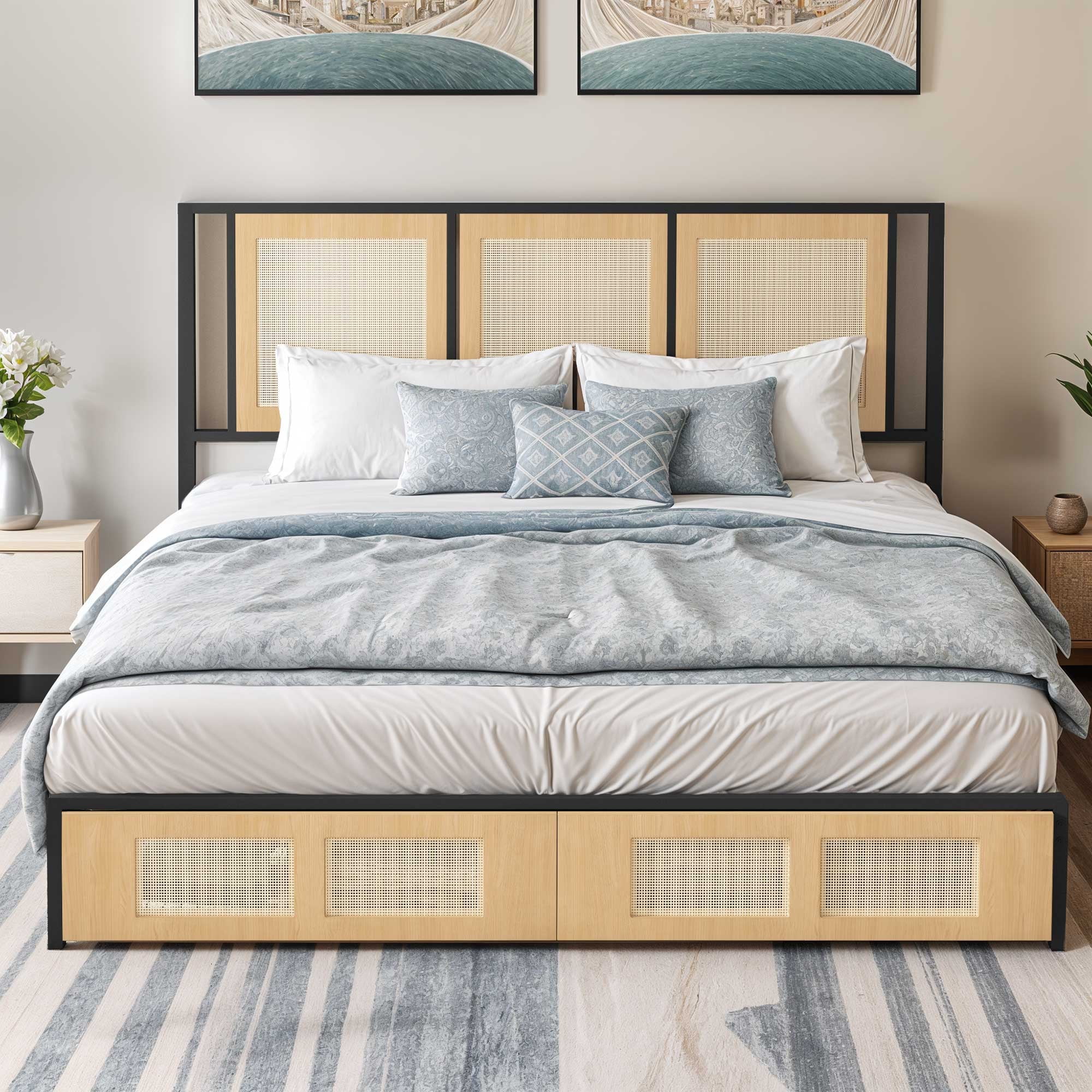 ModFusion- Modern King Size Bed Frame with Hand-Woven Rattan Design ...