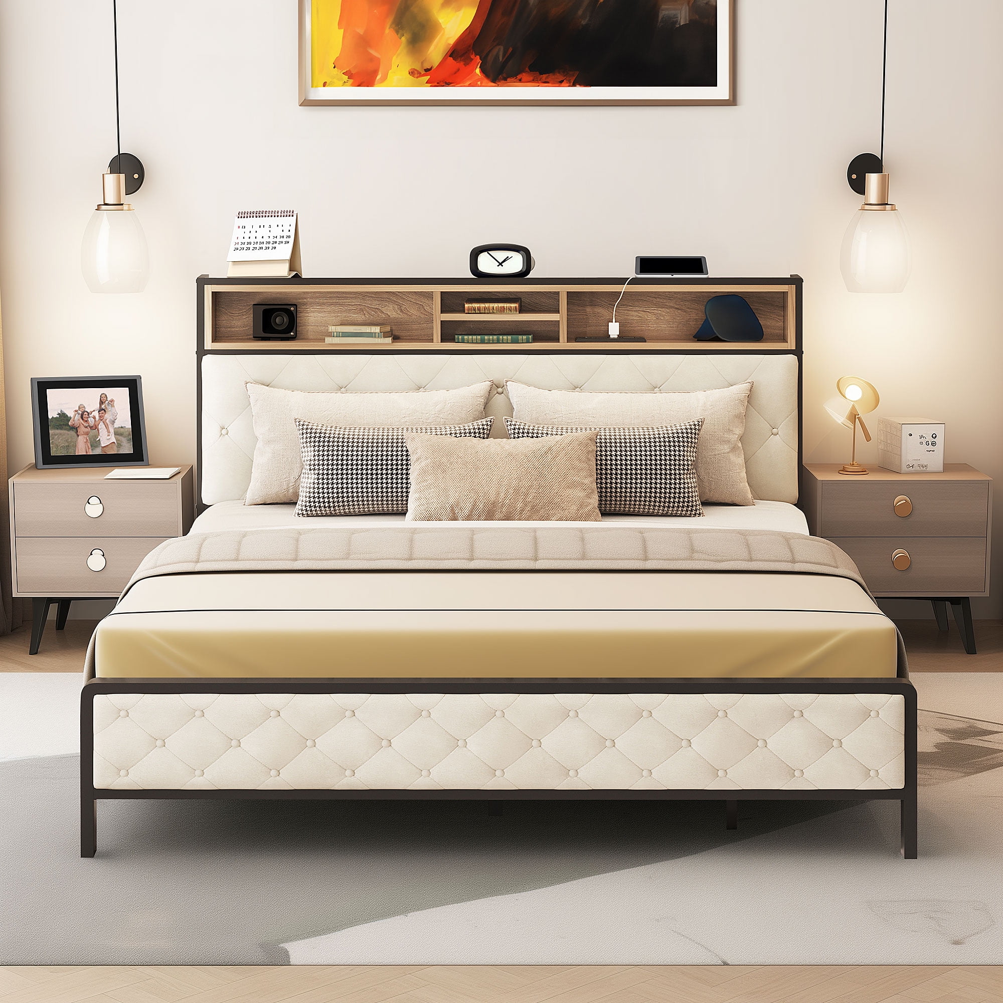 ModFusion Modern Queen Size Bed Frame Include Charging Station Metal ...