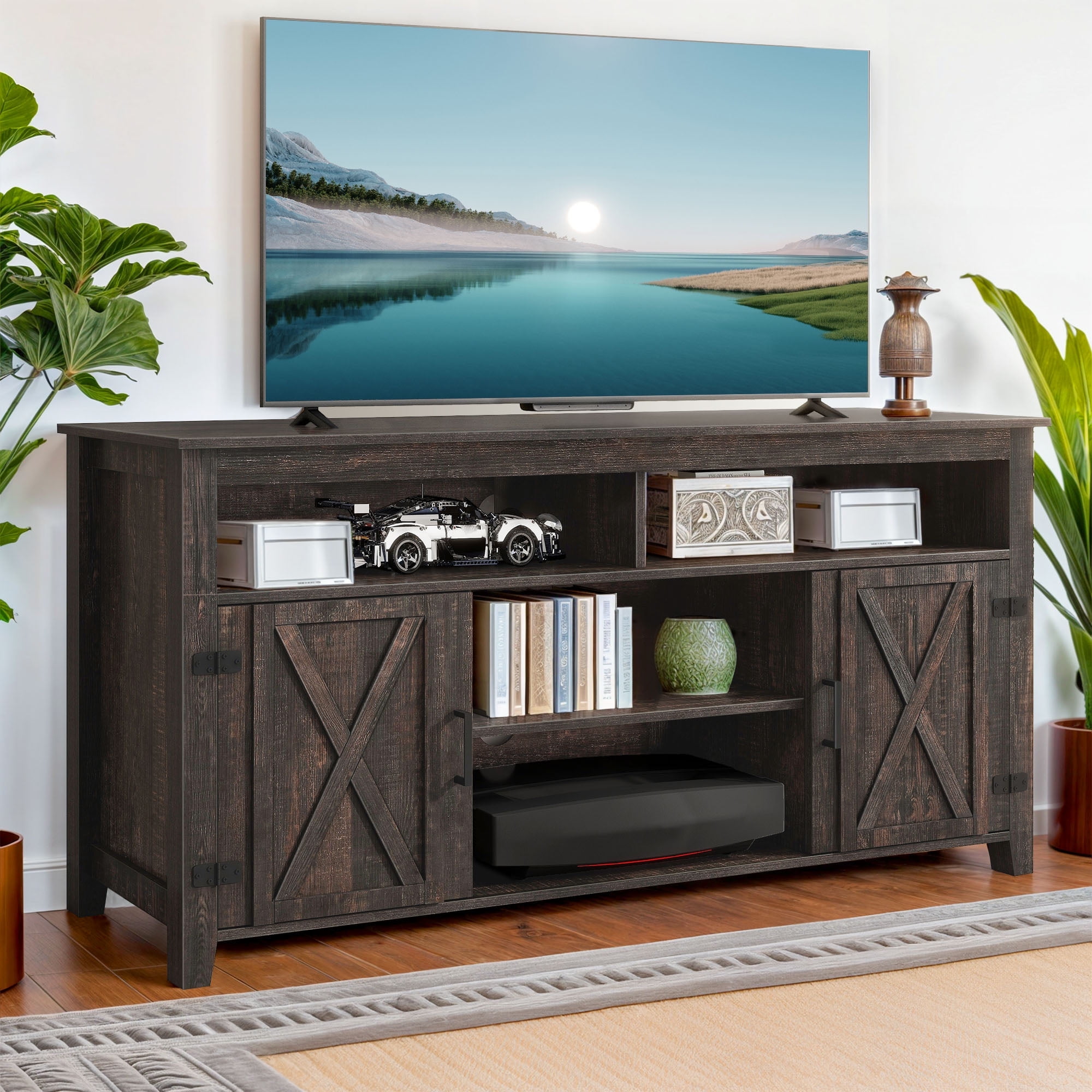 ModFusion Modern Style TV Stand, 6 Shelves, 2 Doors, 59 x 30 x 15.7 ...