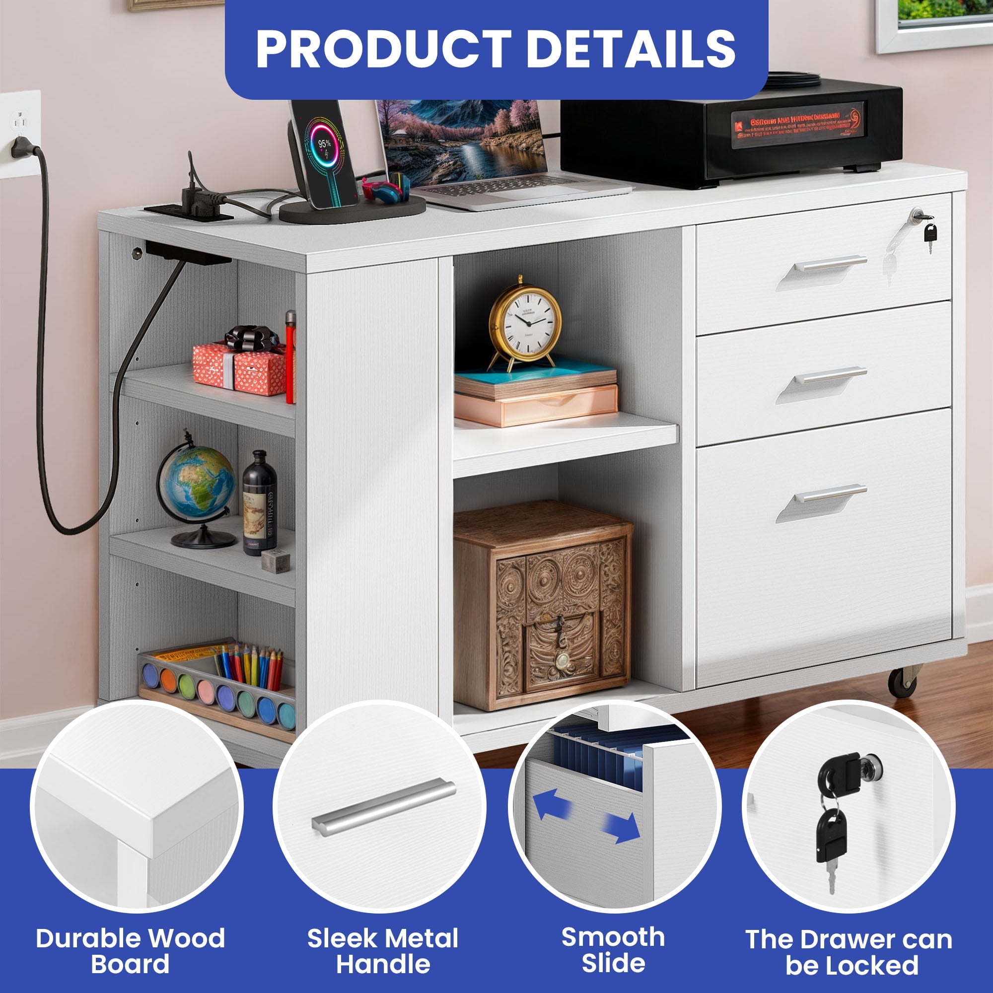 ModFusion Filing Cabinet: Lockable Drawer, Charging Outlet, Adjustable ...