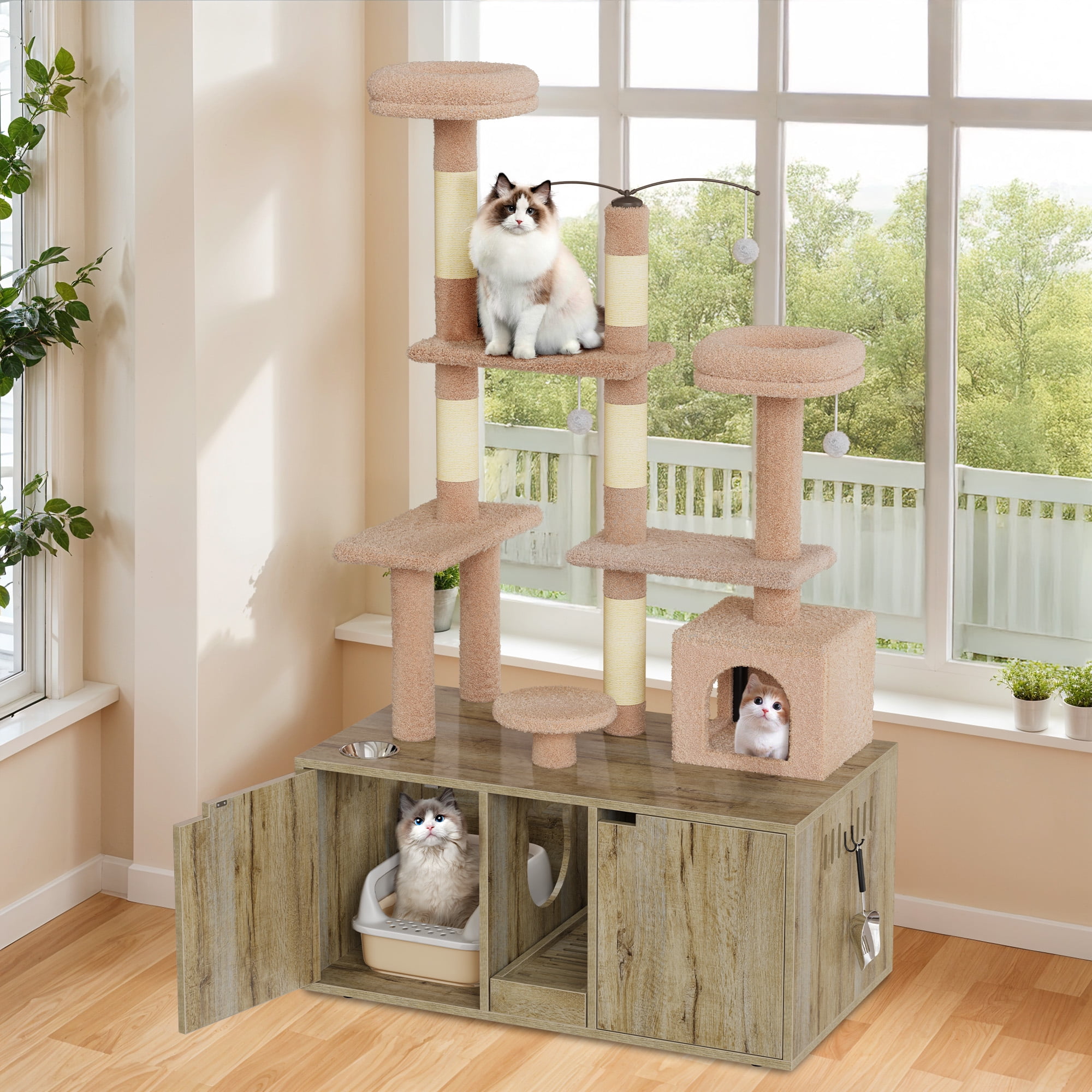 ModFusion Oak 70.9" Cat Tree Tower with Cabinet & Adjustable Foot Pads ...