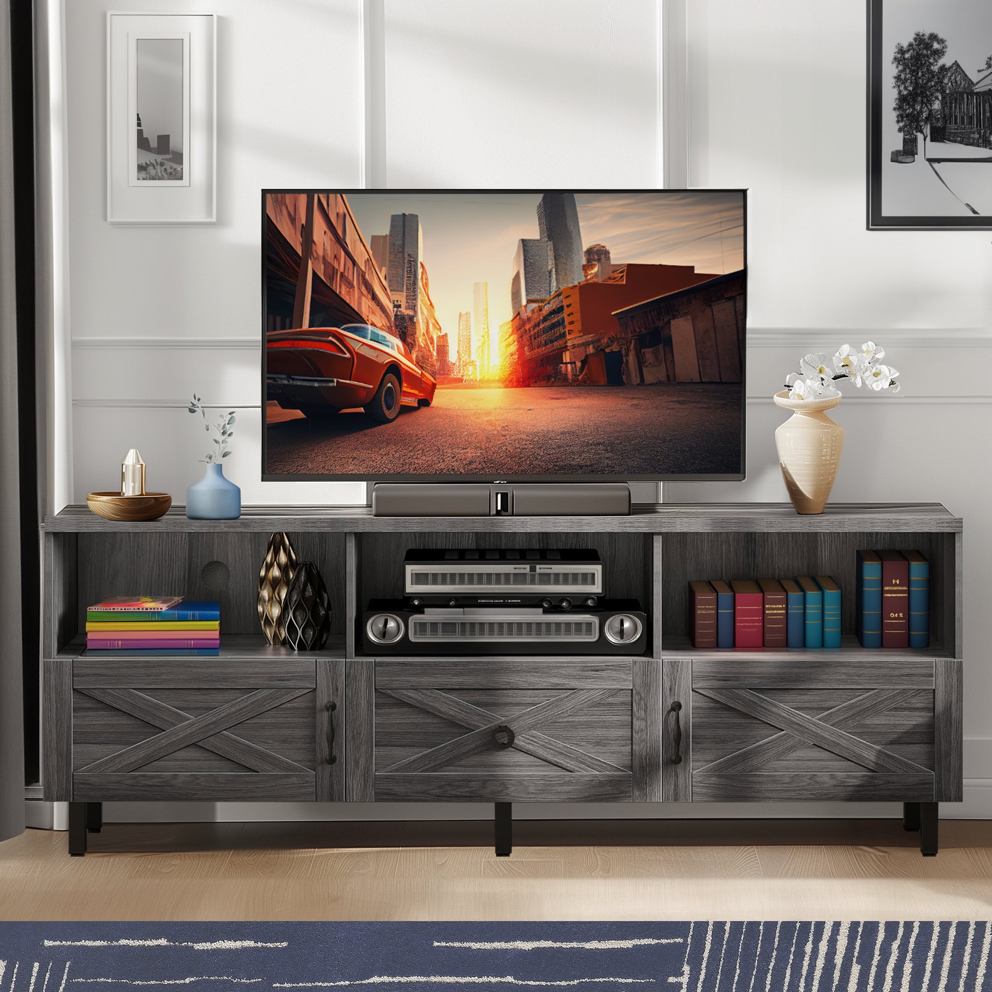 ModFusion Old-School Dark Gray TV Stand, 65" Wide Top for 70 inch TV ...