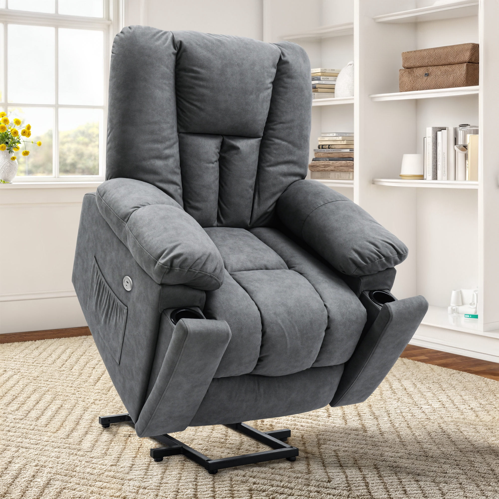 ModFusion Oversized Fabric Light Gray Chair, Electrify Lift Recliner ...