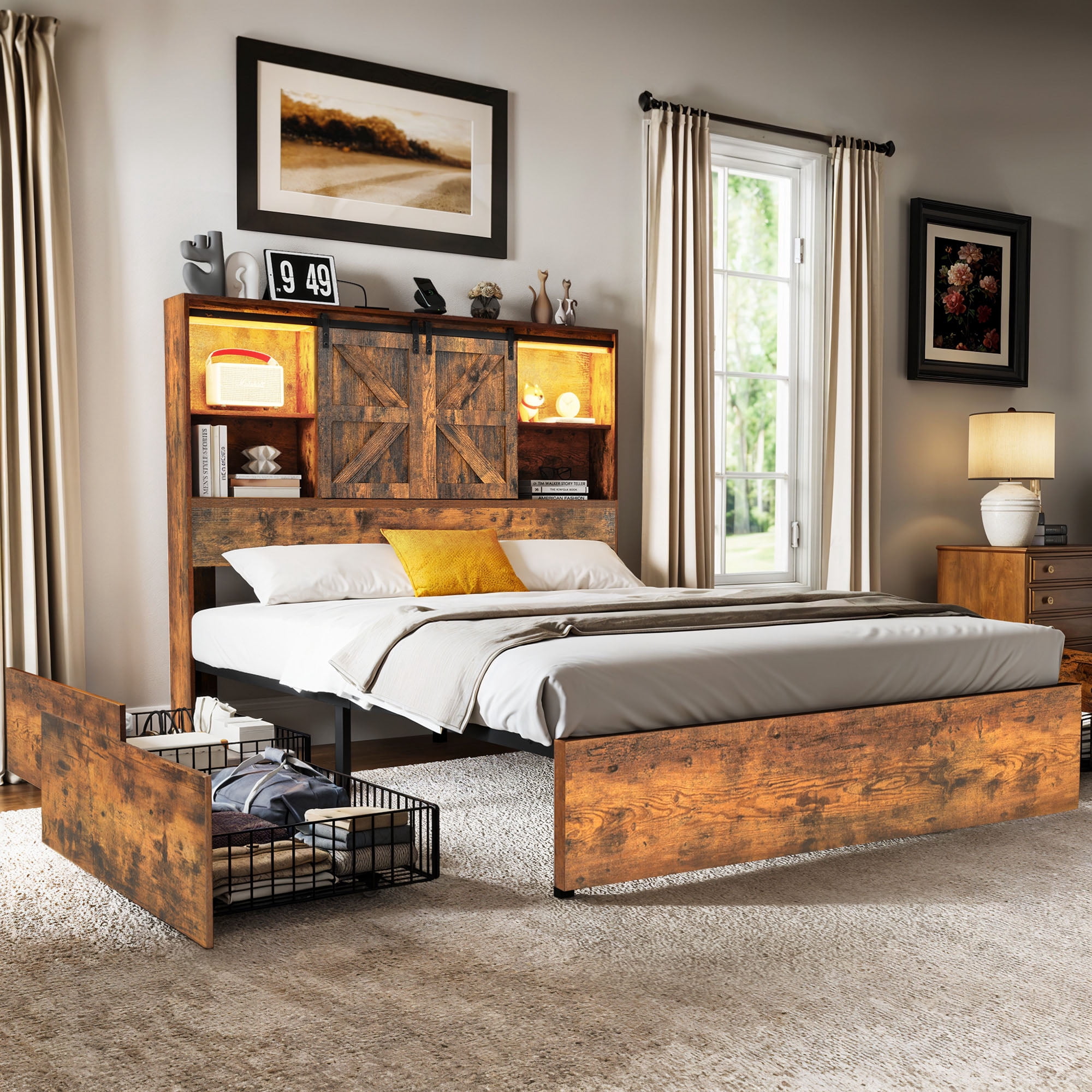 ModFusion Queen Size Fire-Burned Wood Bed Frame with Barn Door Built-In ...