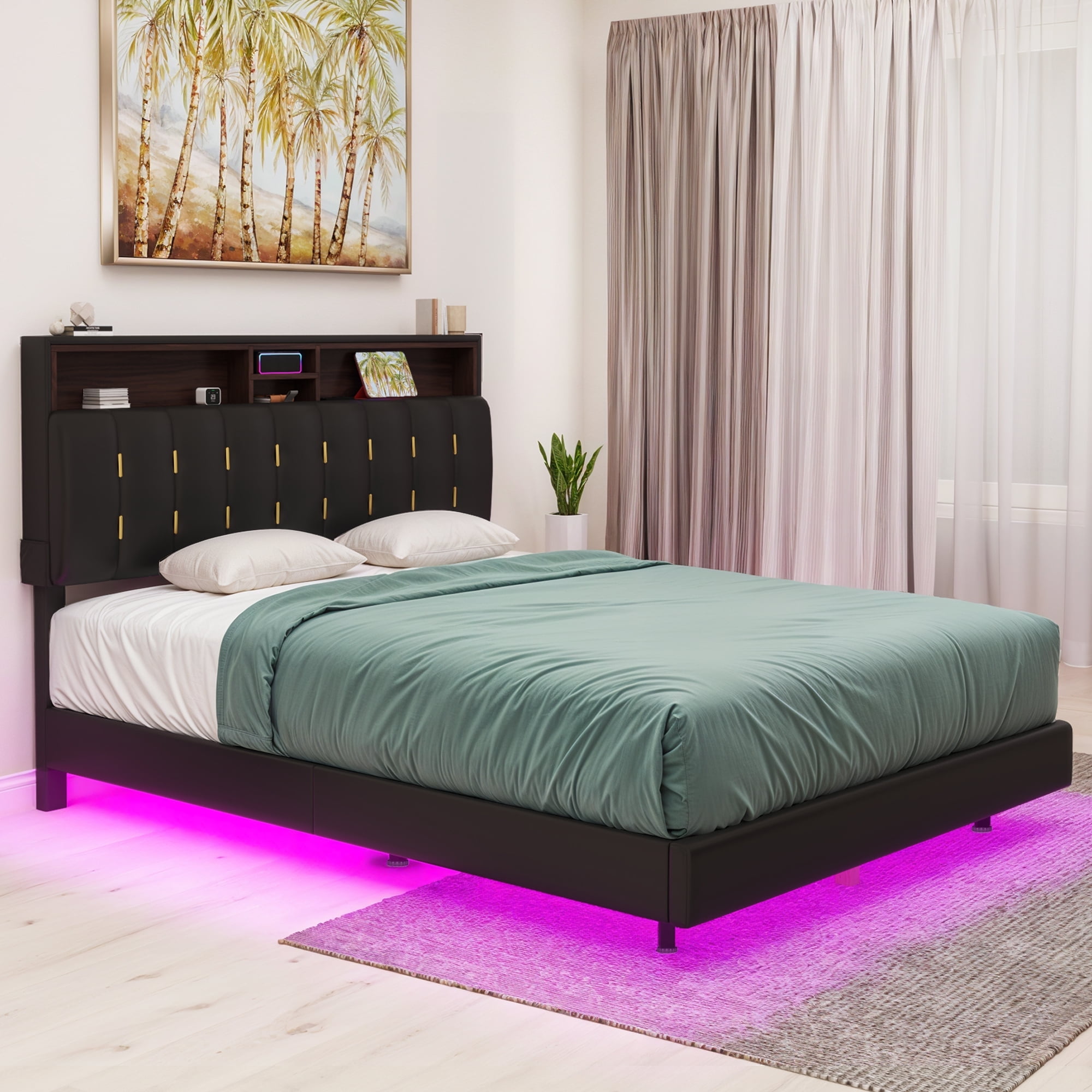 ModFusion - Queen Size Floating Bed Frame,Upholstered Platform Bed with RGB LED Lighting, USB ...