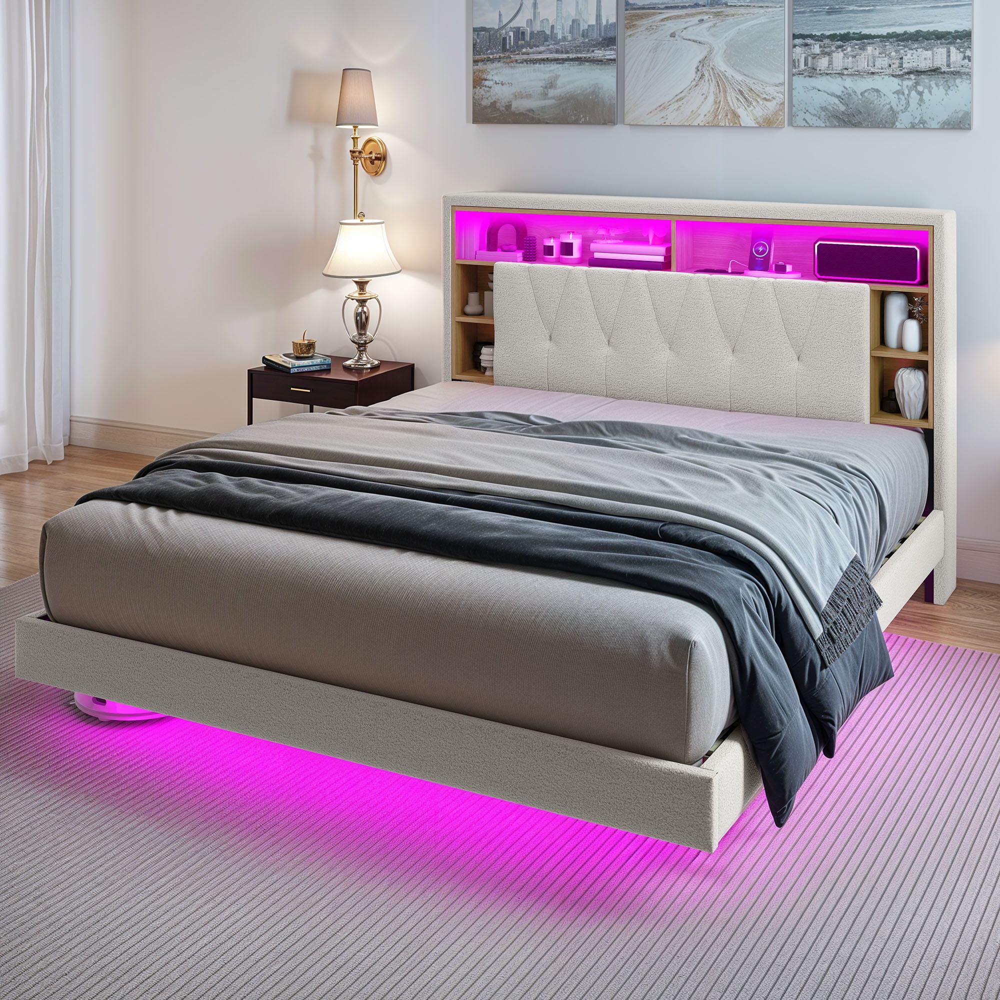 ModFusion Queen Size Floating Bed Frame with RGB LED Lights, Bookcase ...