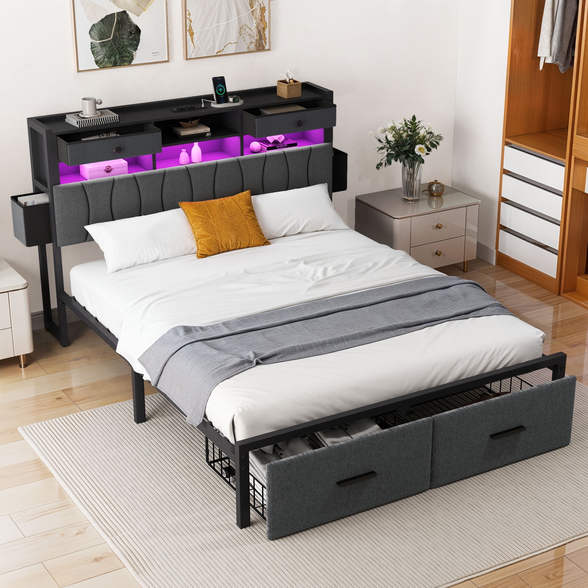 ModFusion Queen Size Modern Upholstered Platform Bed with 6 Storage ...