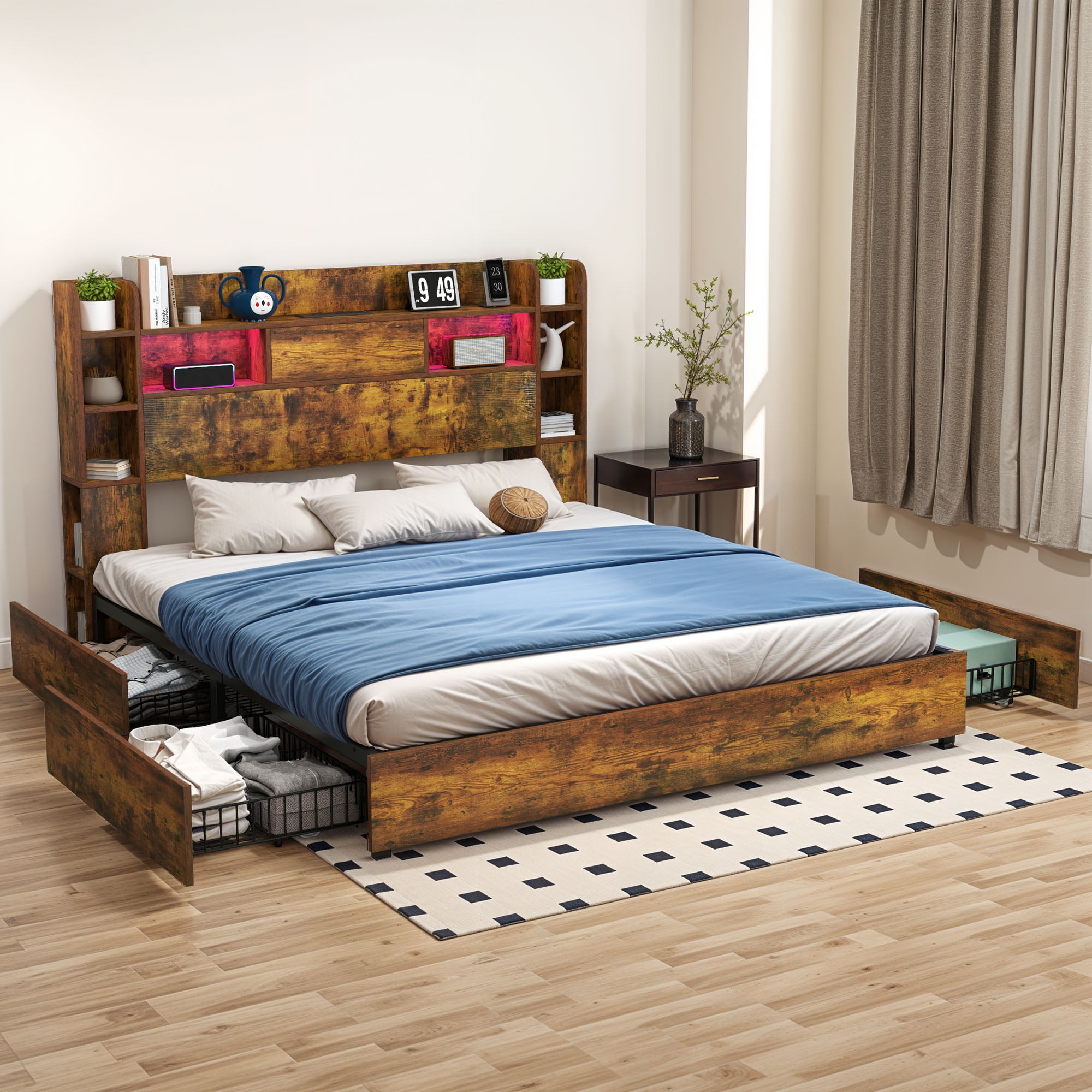 ModFusion Queen Size Rustic Bed Frame with Double-Layer Headboard ...