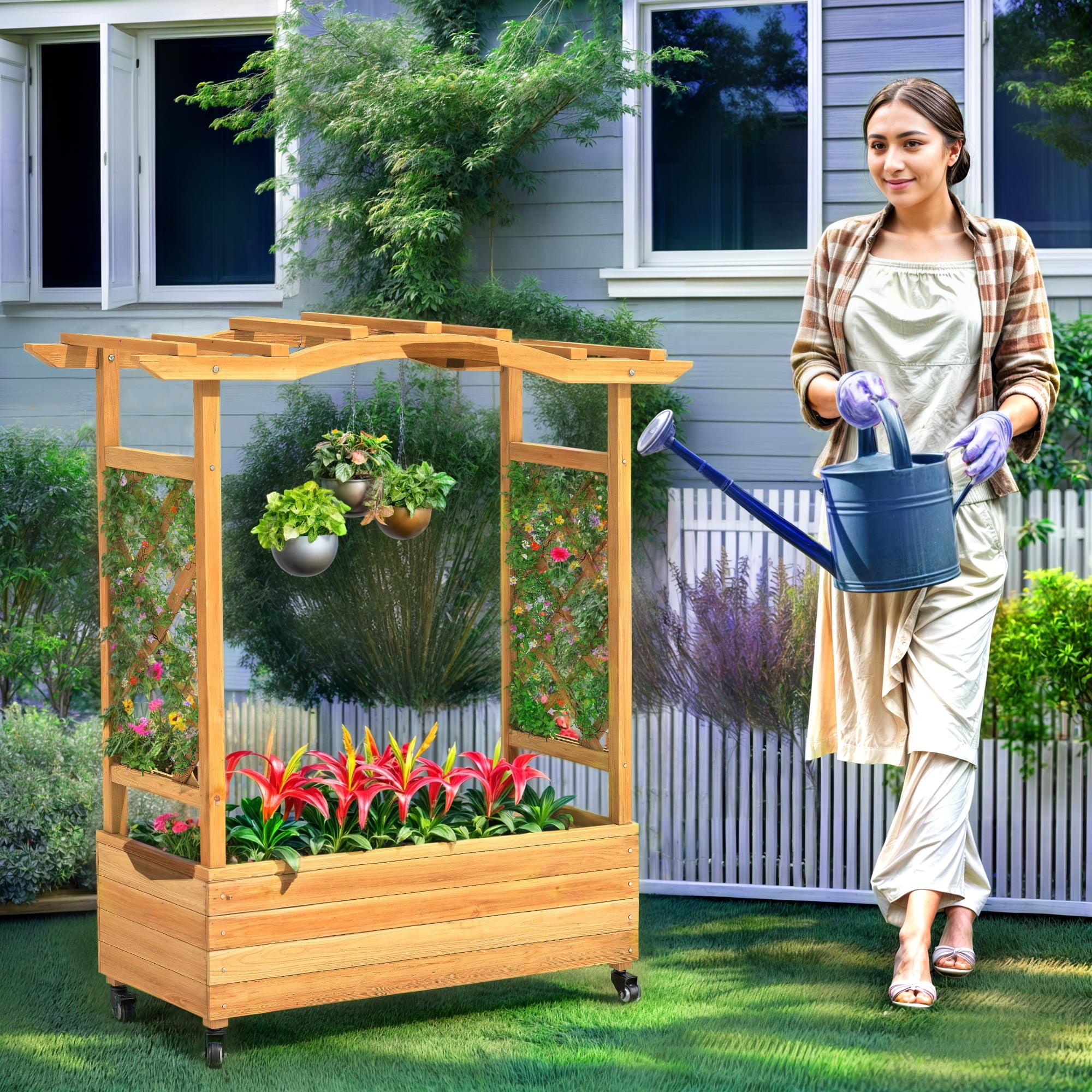 ModFusion Raised Garden Bed with Trellis, Lockable Wheels, Climbing ...