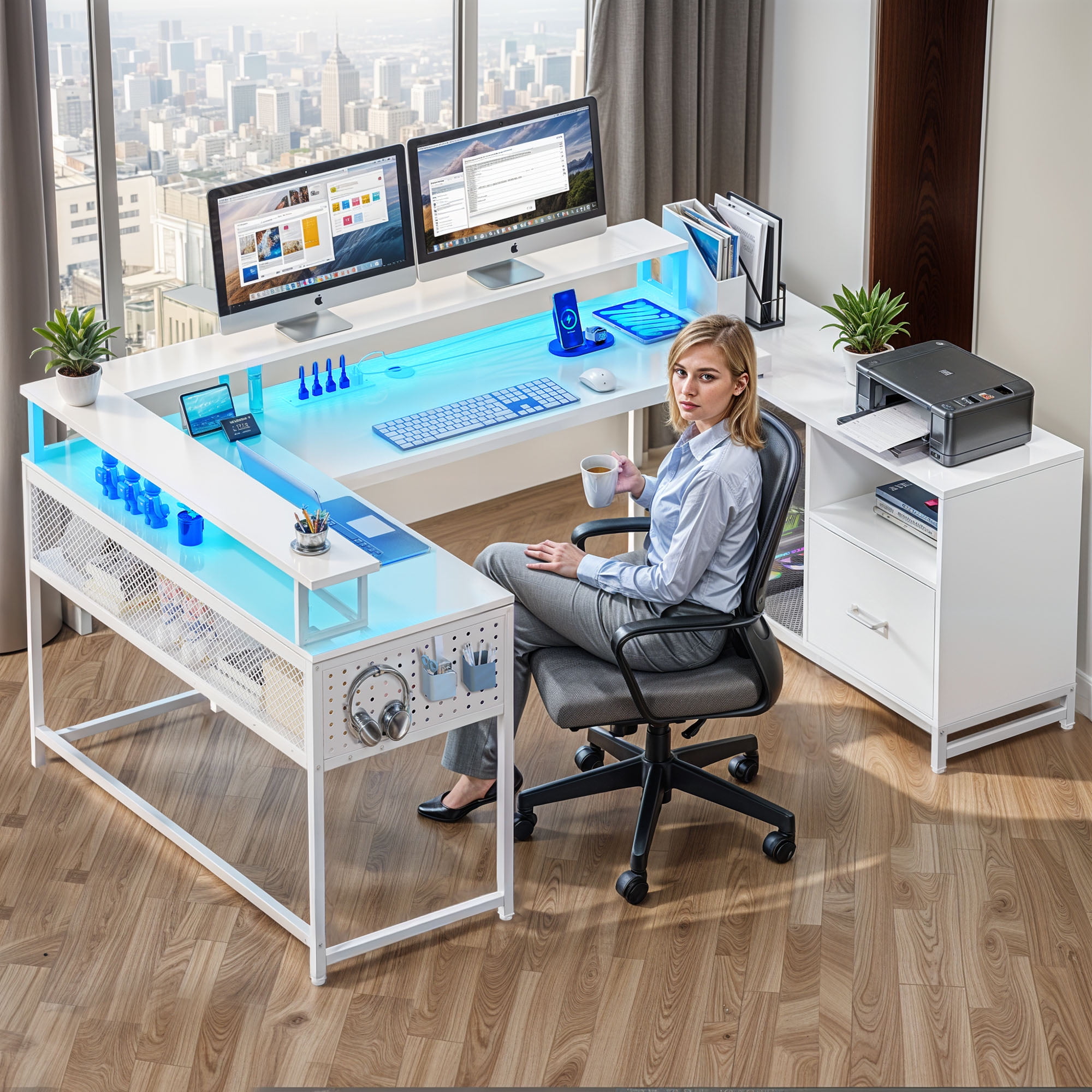 ModFusion Reversible U-Shaped Computer Desk with Power Outlets, LED ...