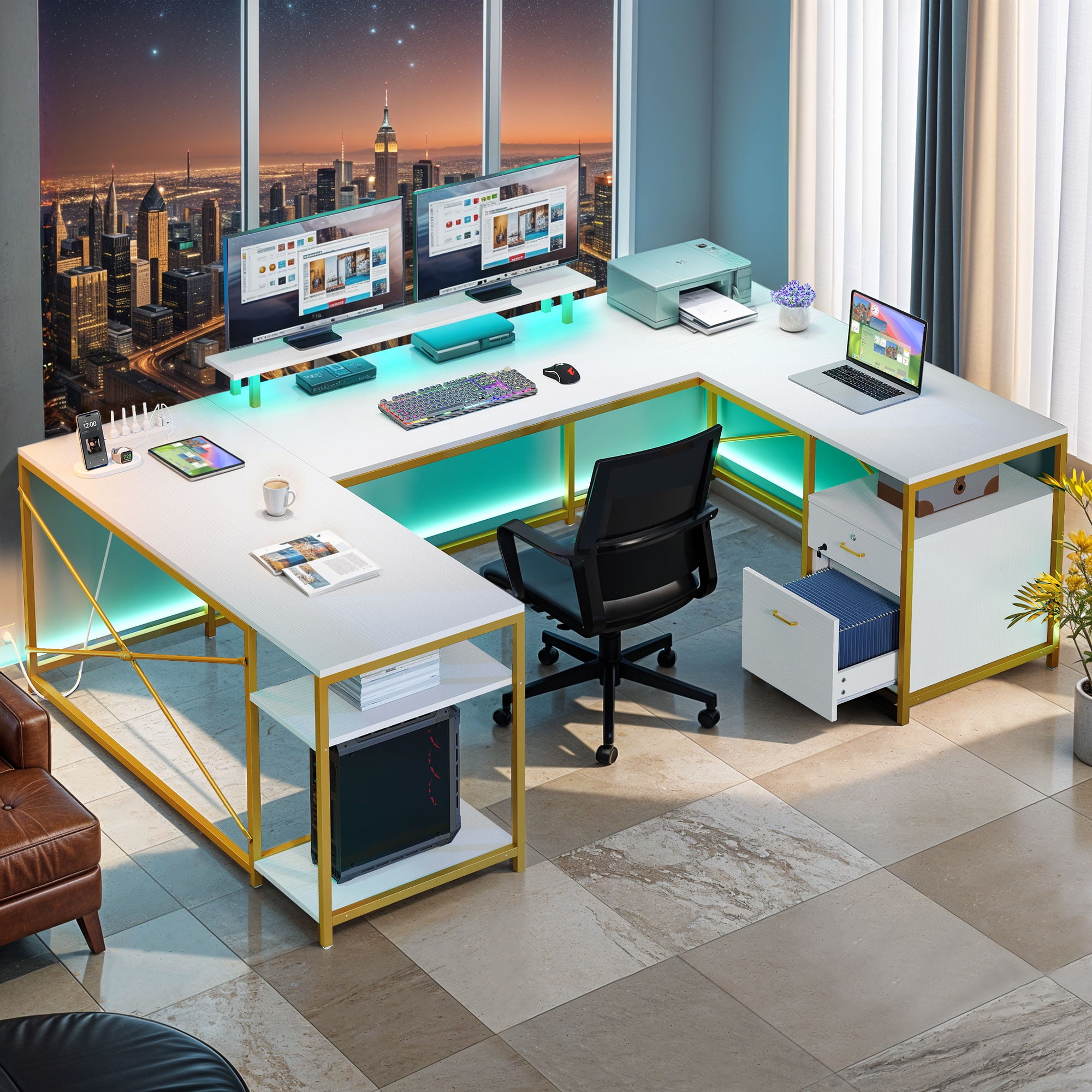 ModFusion Reversible U Shaped Desk with Charging Station & LED Lights ...