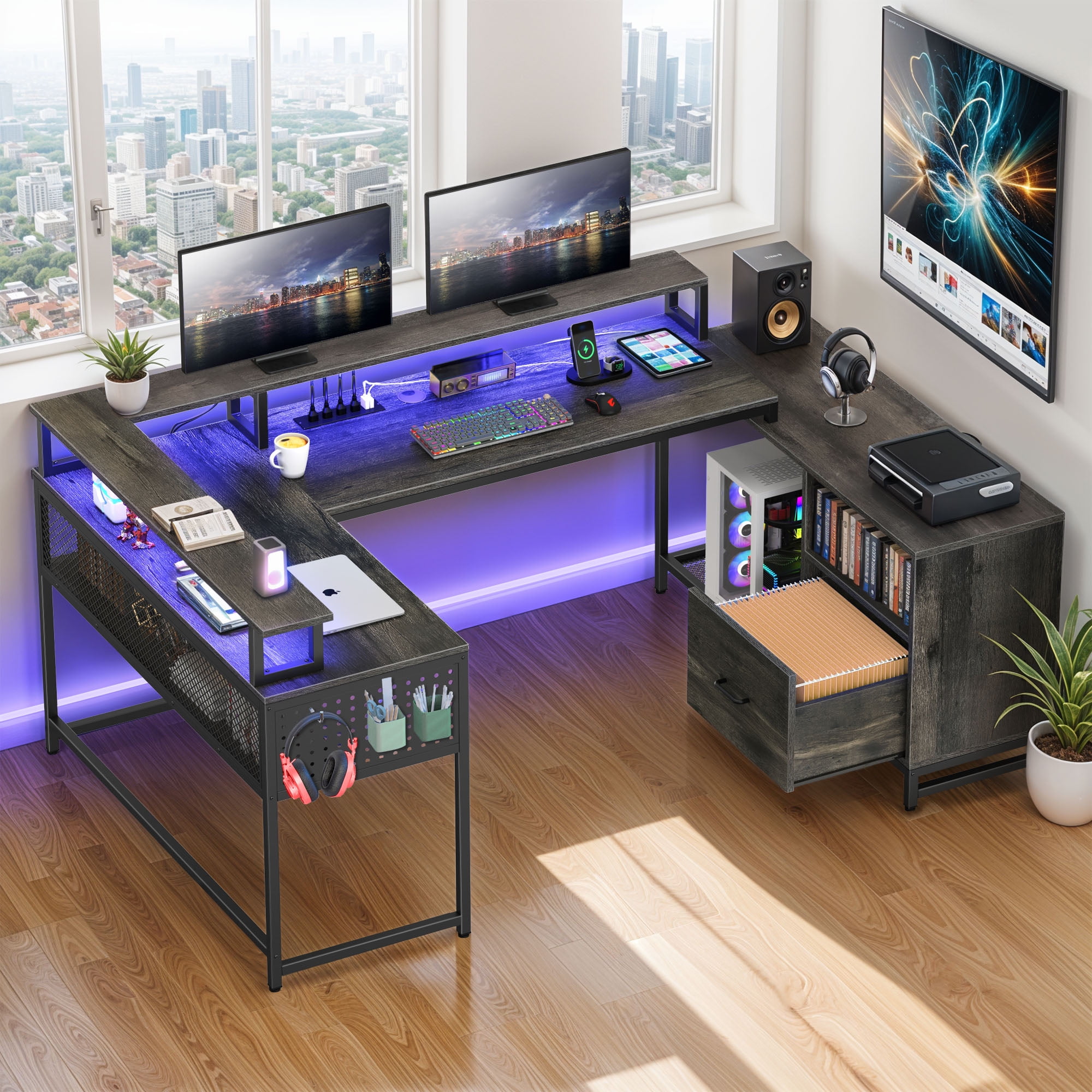 ModFusion Reversible U Shaped Desk with Drawers & Power Outlets, L ...