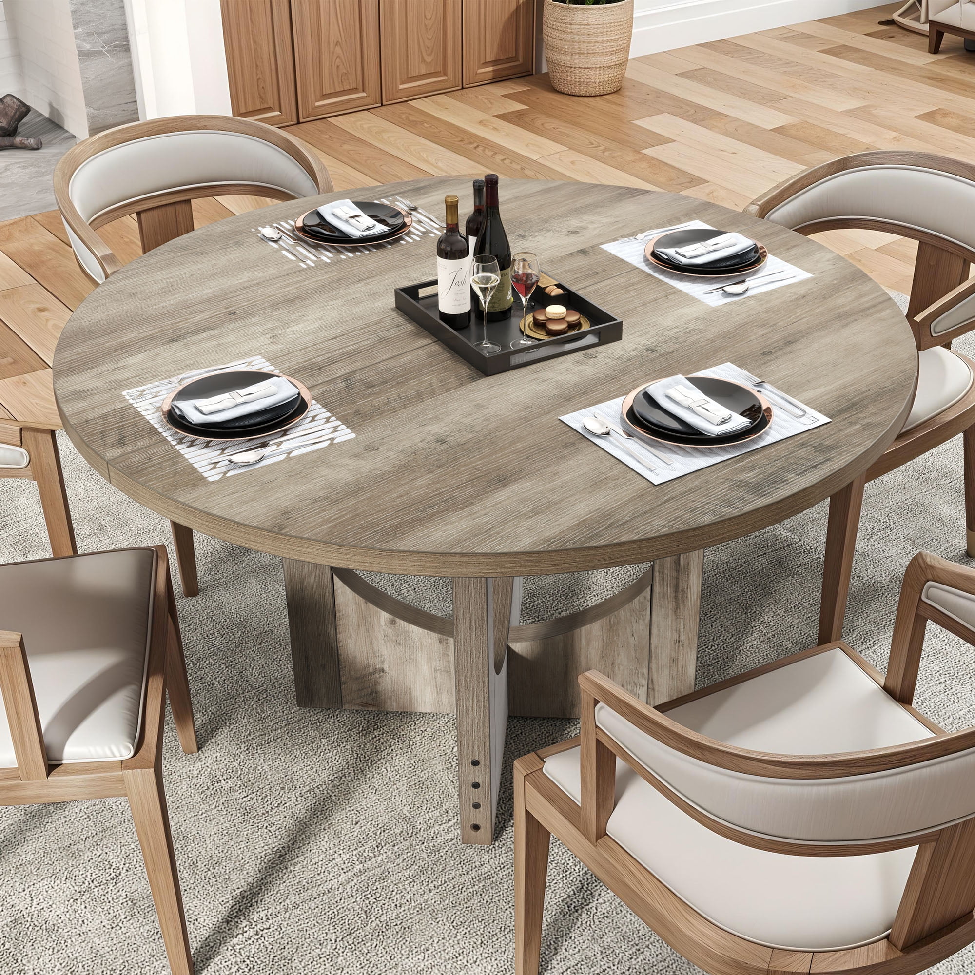 ModFusion Round Dining Table for 4-6 People, Waterproof Wooden Oak ...