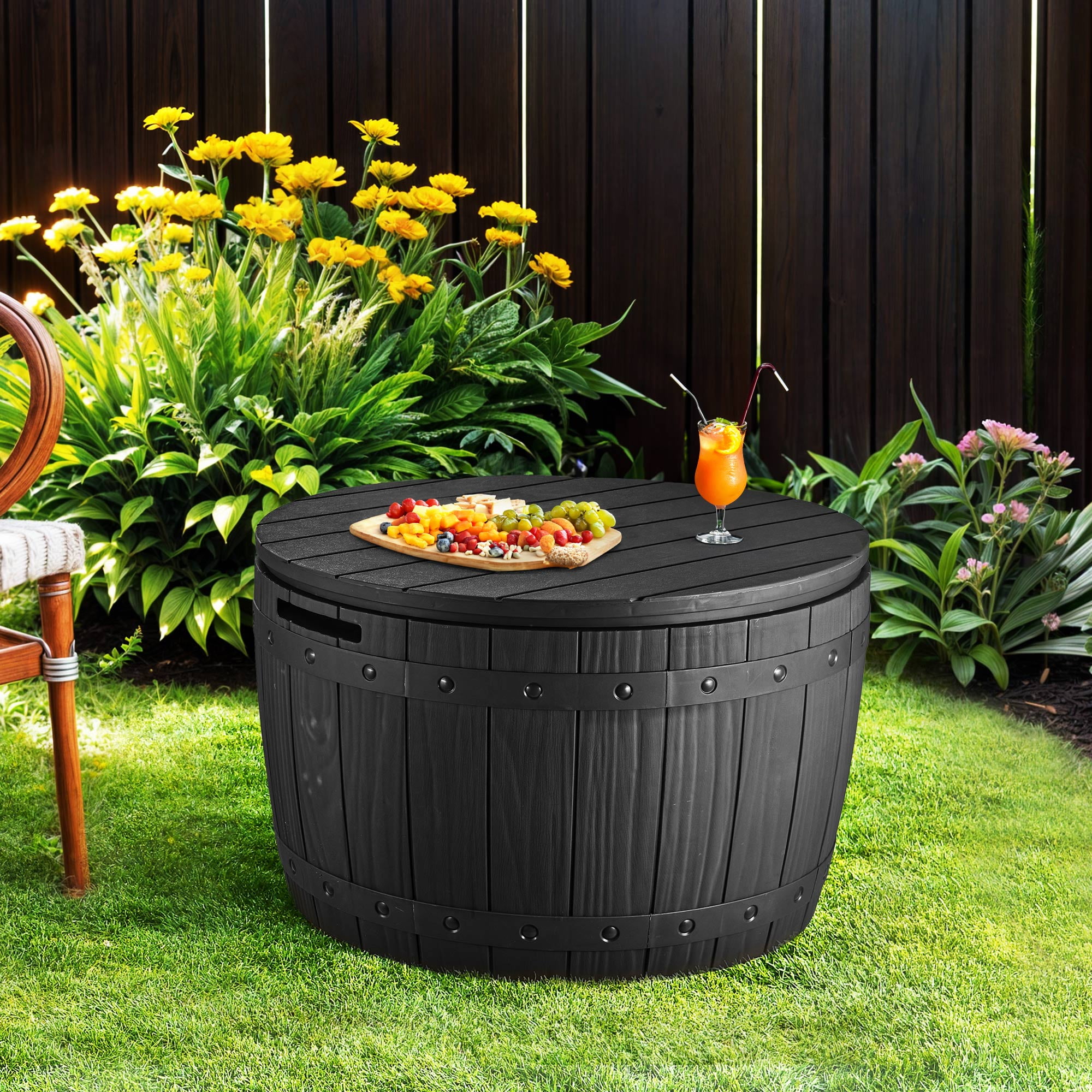 ModFusion Round Woodgrain Patio Deck Box - 33 Gallon Storage Container ...