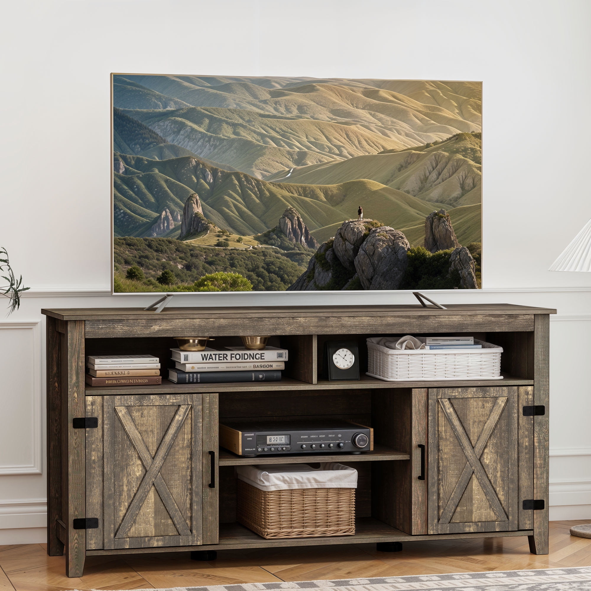 ModFusion Rustic Brown TV Stand, 65" Screen Support, Wood Composite, 6 Shelves, 1 Barn Door ...