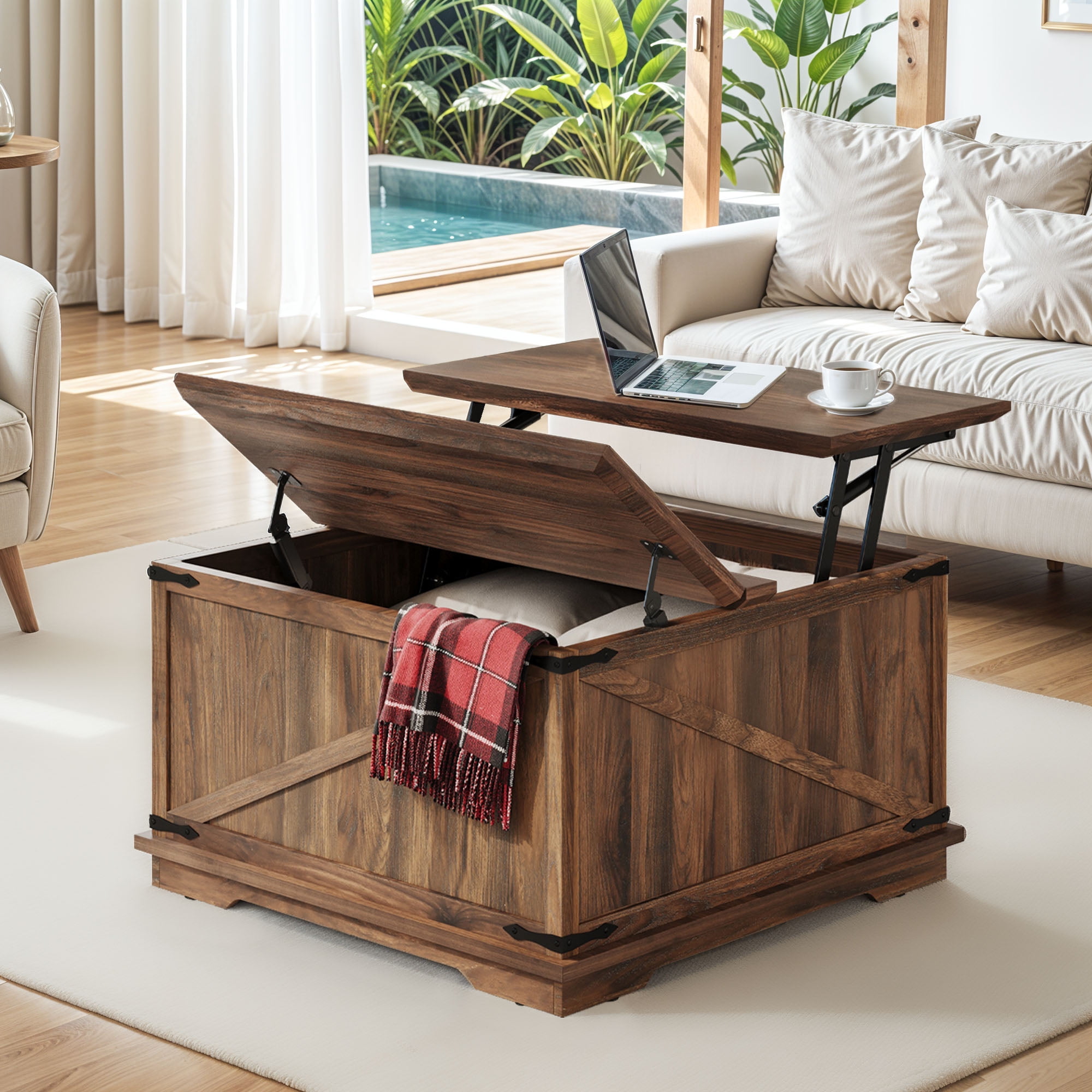 ModFusion Rustic Square Lift Top Coffee Table, Hidden Storage ...