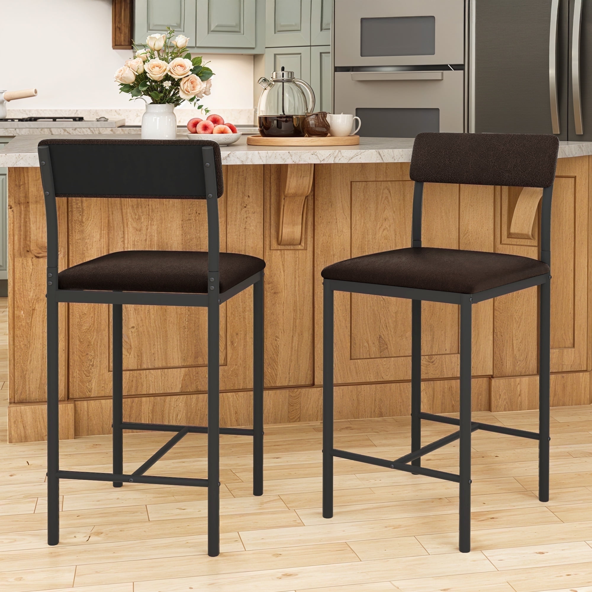 ModFusion Set of 2 Bar Stools, Stain-Resistant PU Leather, Footrest, 1 ...