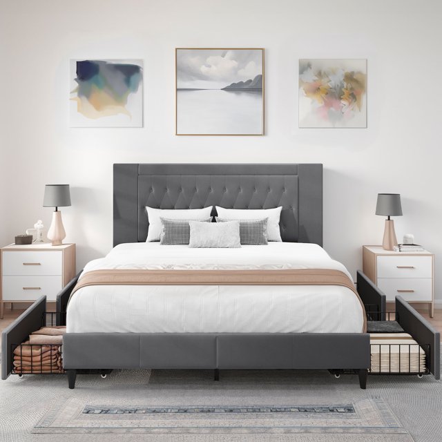 ModFusion – Simple Modern Grey King Size Bed Frame , with Built In 4 ...