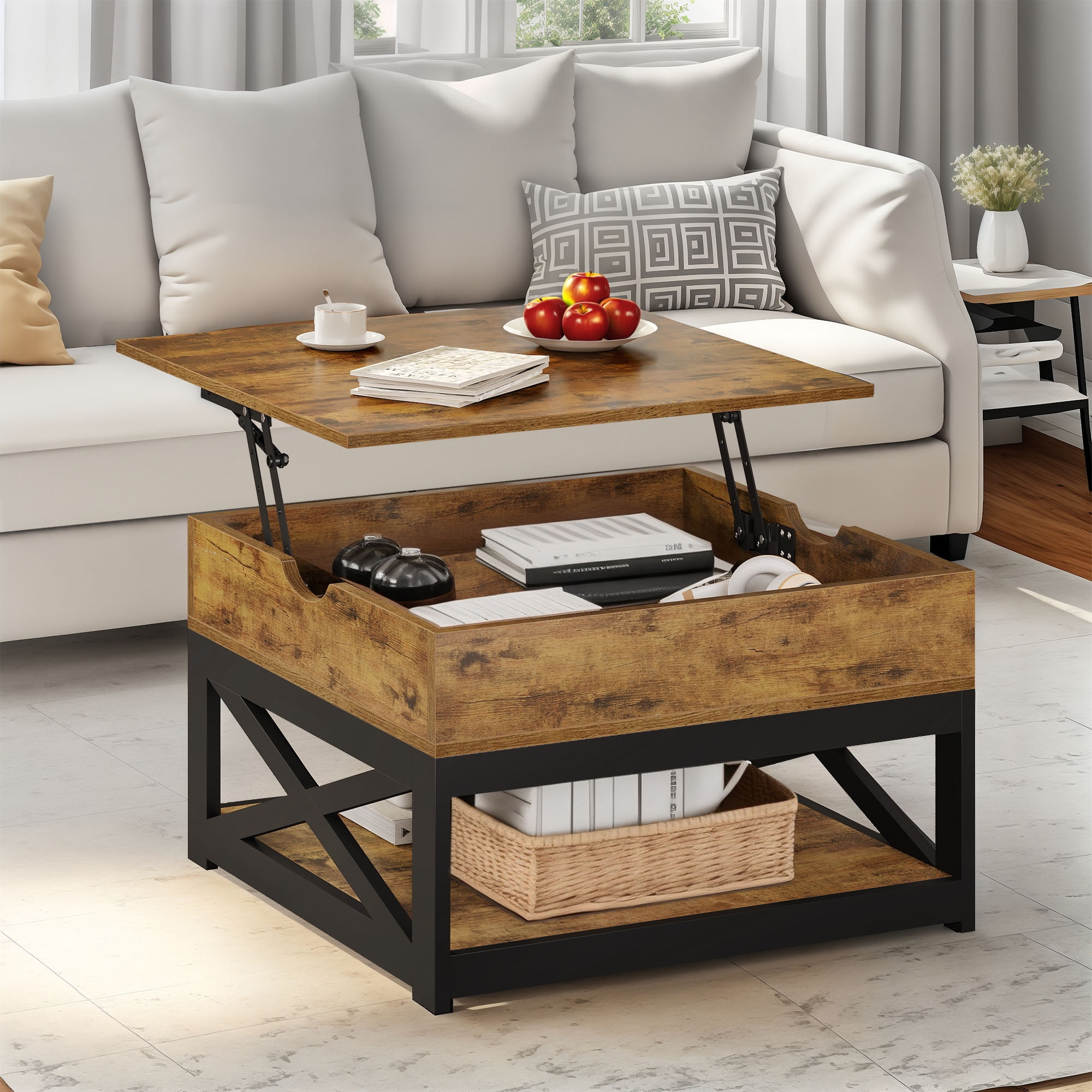 ModFusion Square Rustic Brown Coffee Table Fetures Lift-Top for Hidden ...