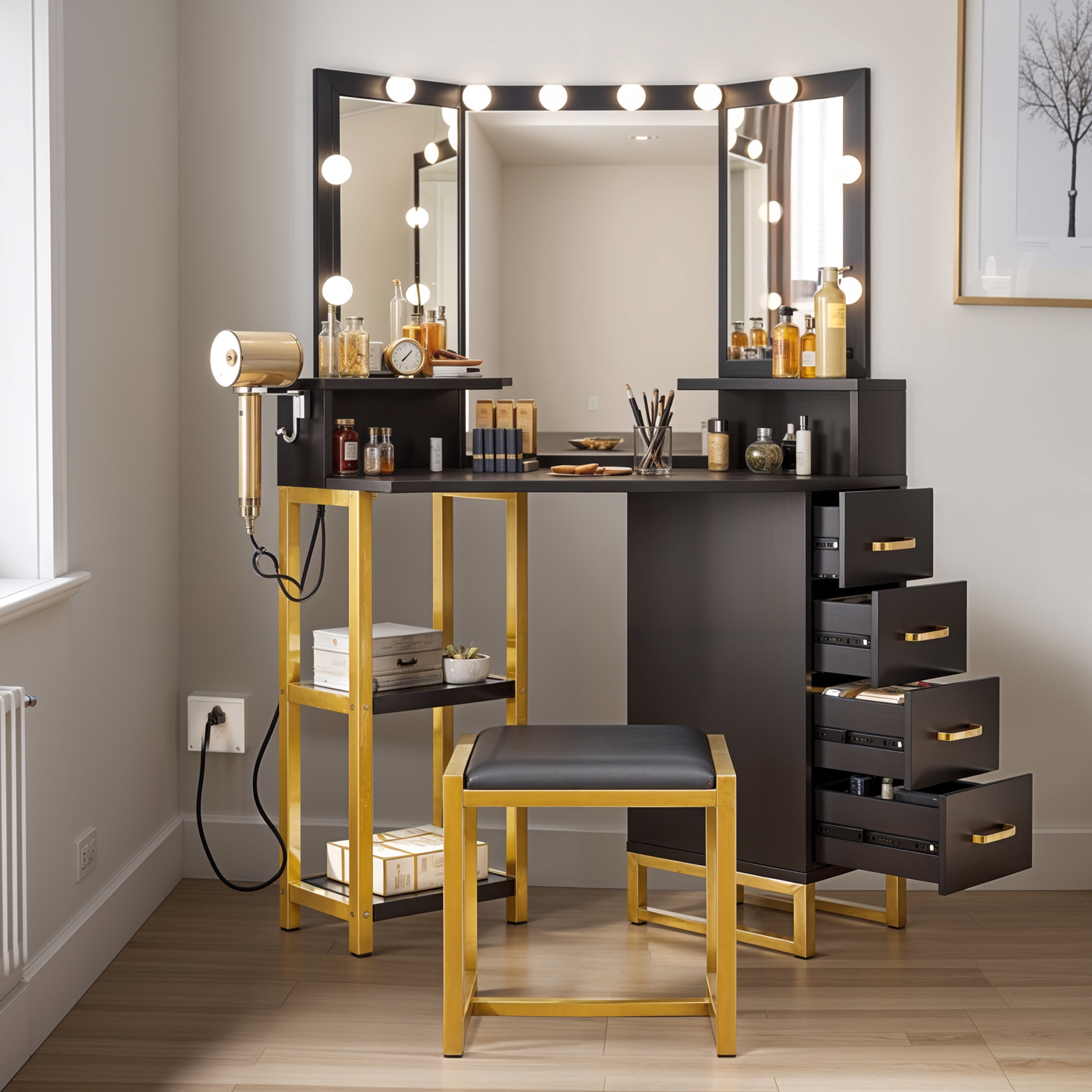 ModFusion Vanity Table with Adjustable Bulb Lighting, 4 Drawers, LED ...
