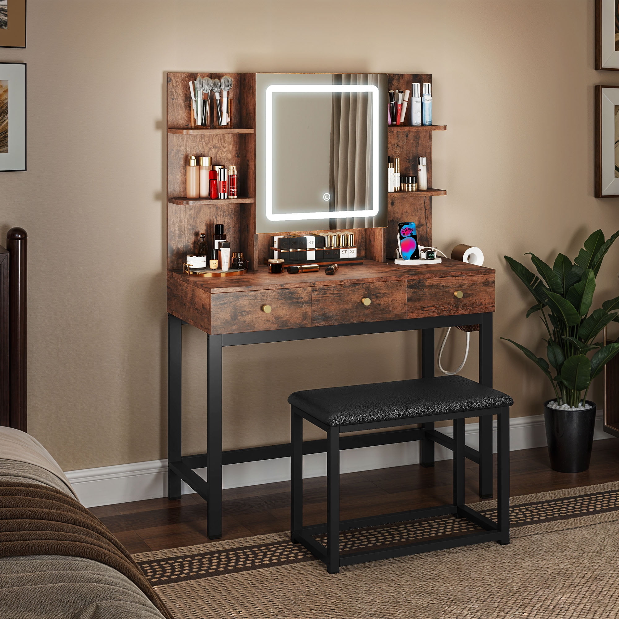 ModFusion Vintage Brown Vanity Table with LED Mirror, Power Strip, PU ...