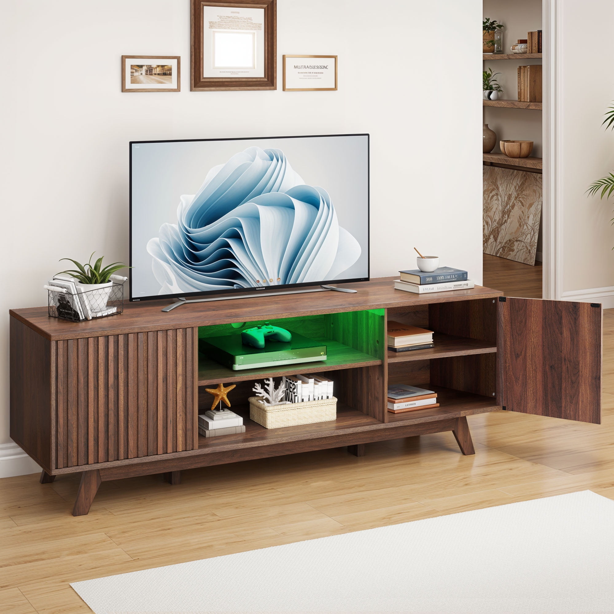 ModFusion Walnut LED TV Stand, 65" Screen Support, P2 PB Material, 6 ...